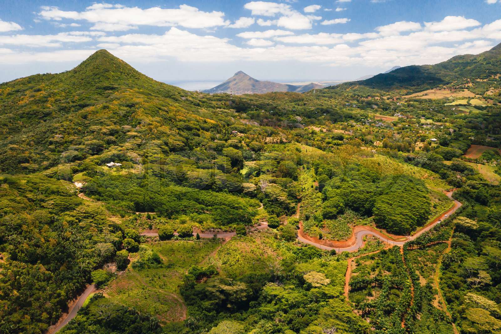 Bird's-eye view of the mountains and fields of the island of Mauritius ...
