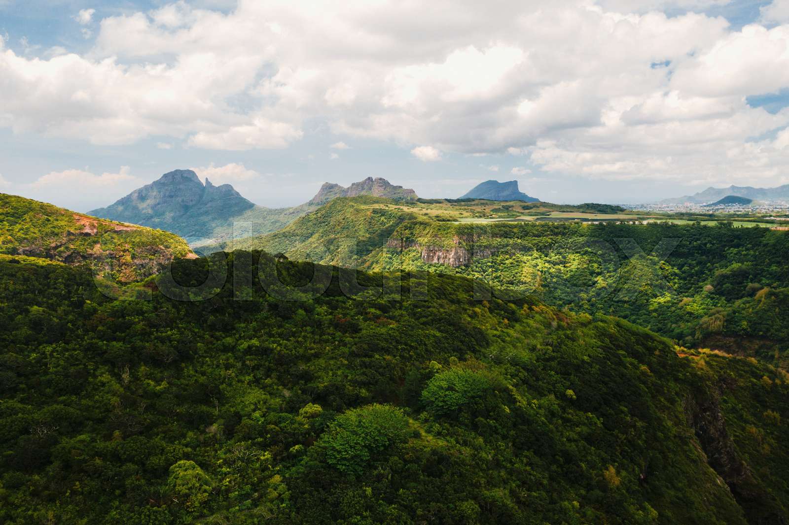 Mountain Landscape of the gorge on the island of Mauritius, Green ...