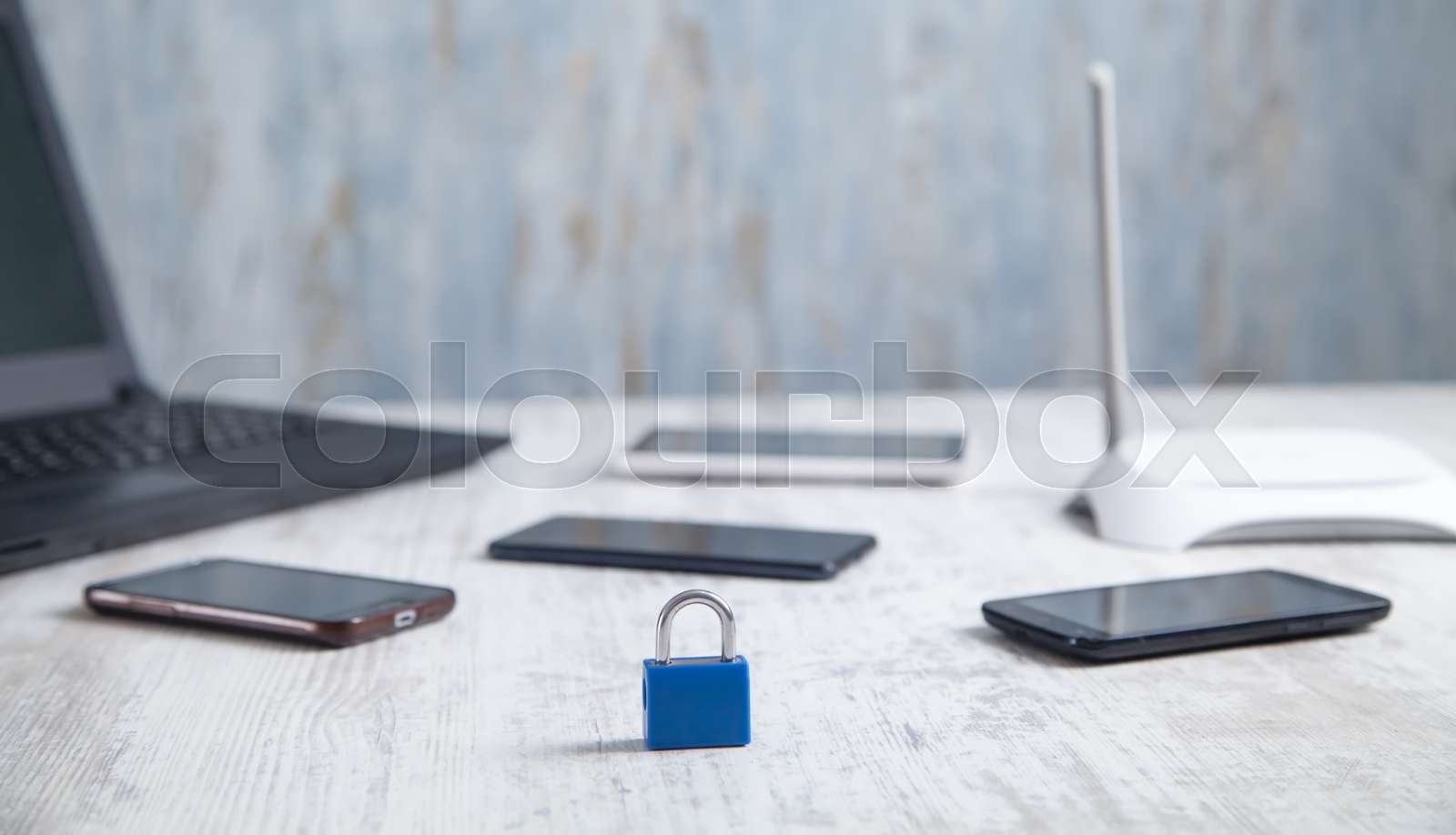 Padlock with smartphones, internet router, laptop. Security | Stock ...