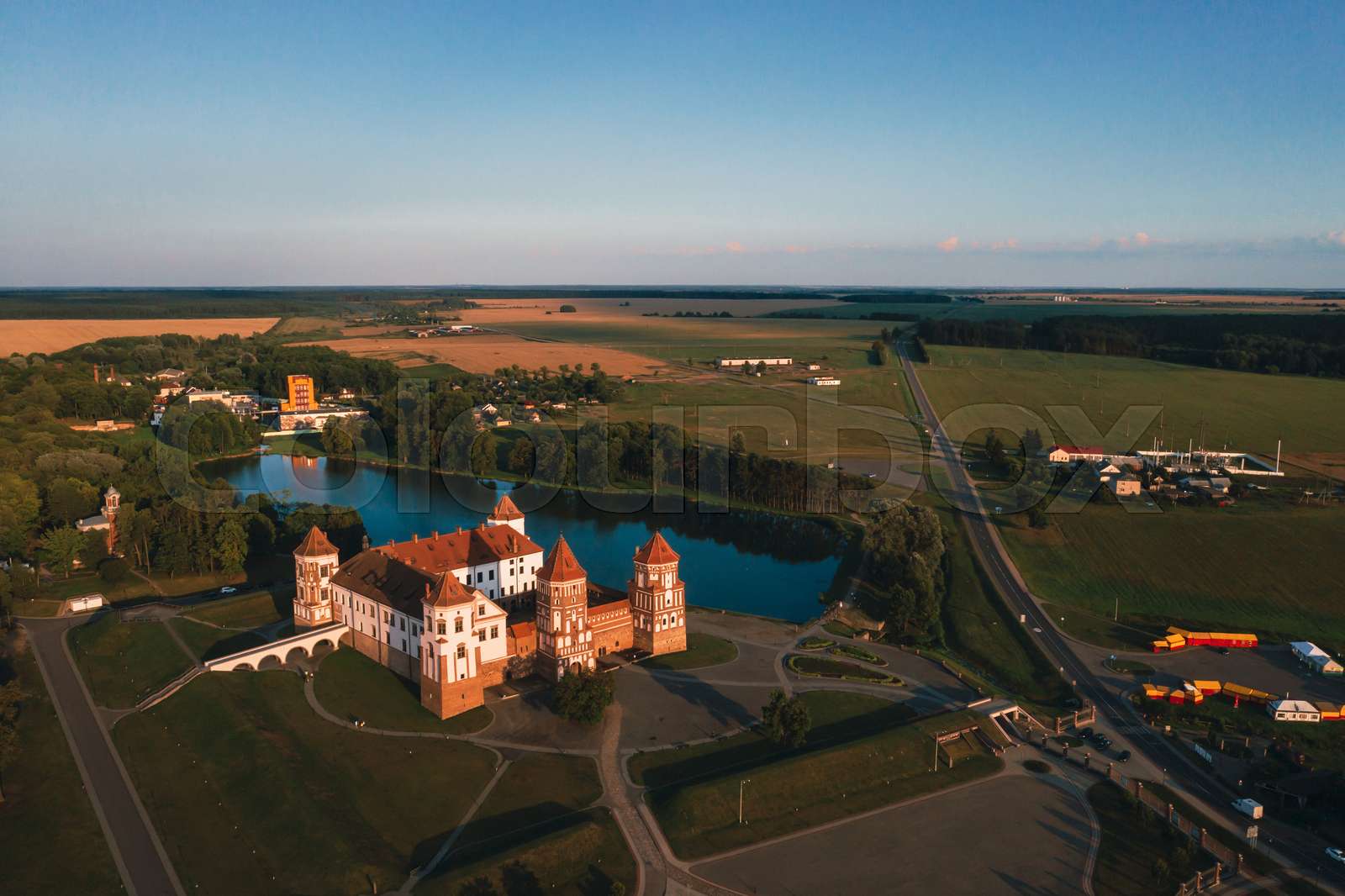 Mir castle with spires near the lake top view in Belarus near the city ...
