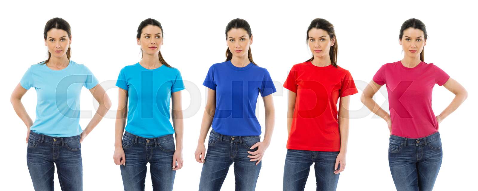 Woman wearing different colored blank shirts | Stock image | Colourbox