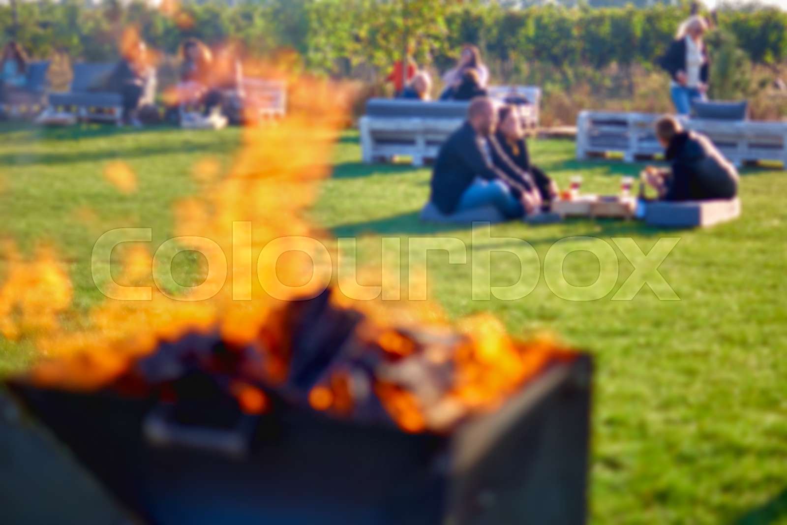 The concept of a picnic. Fire during a picnic on a green lawn fo ...