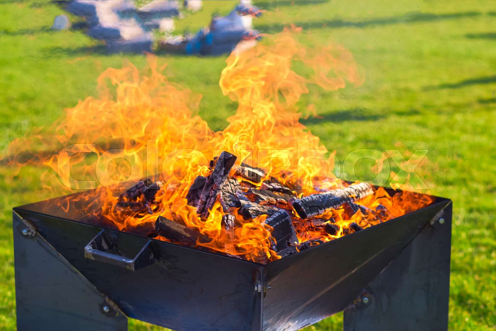 The concept of a picnic. Fire during a picnic on a green lawn fo ...