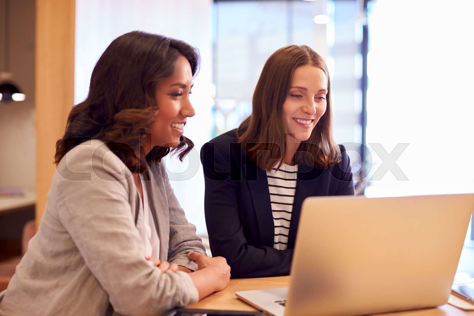 Two Businesswomen With Laptop Collaborating On Project In Office ...