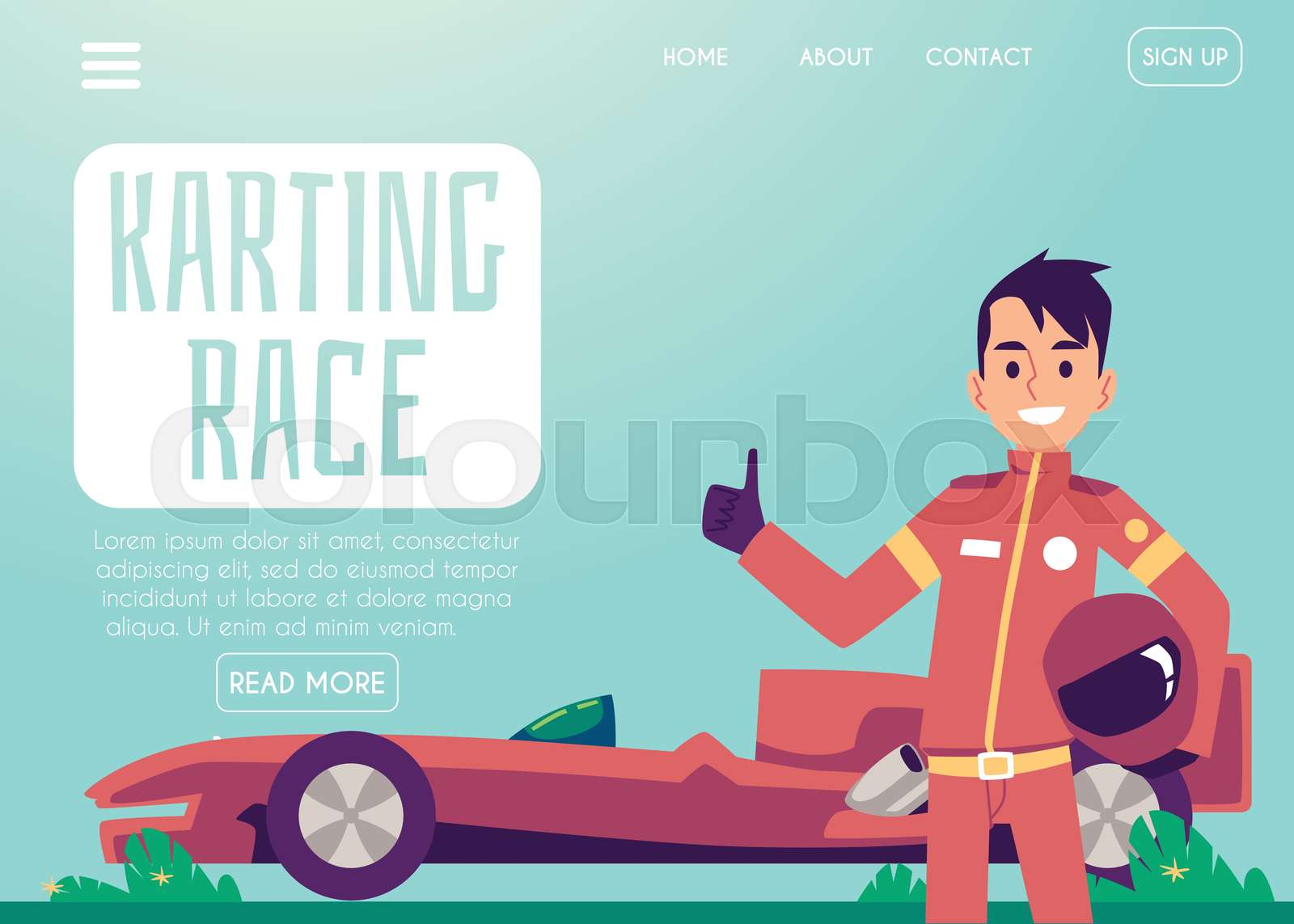 Karting race car driver landing page, flat cartoon vector illustration ...