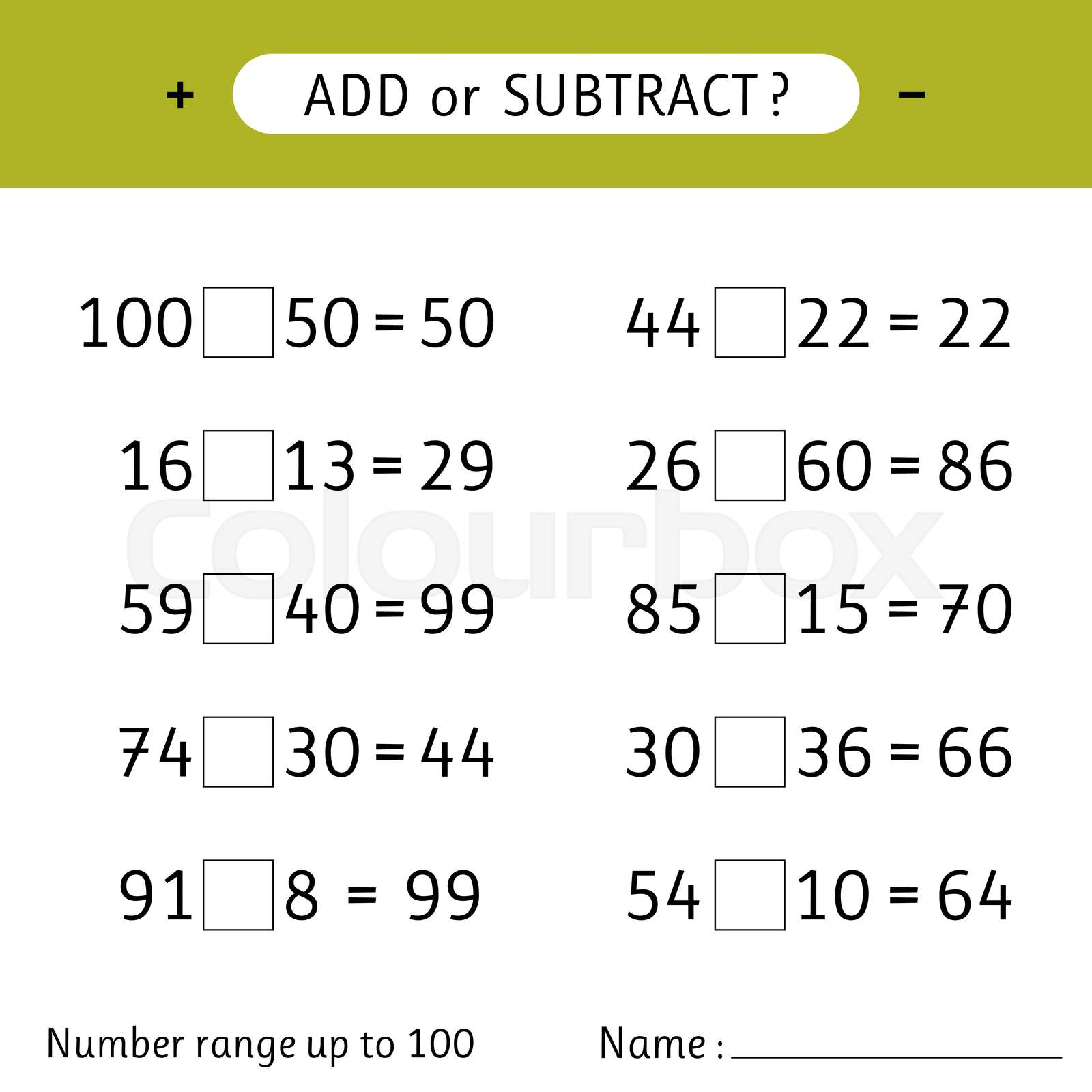 Add or subtract. Number range up to 100. Mathematical exercises ...