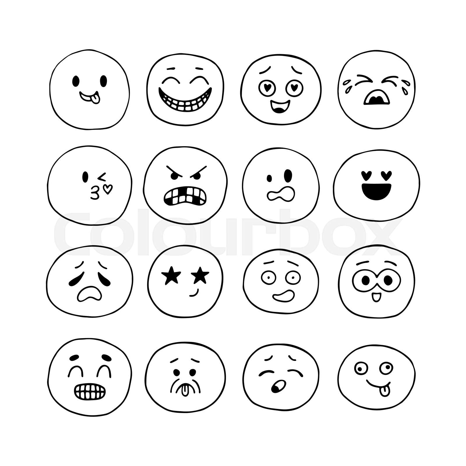 Hand drawn funny smiley faces. Sketched facial expressions set ...