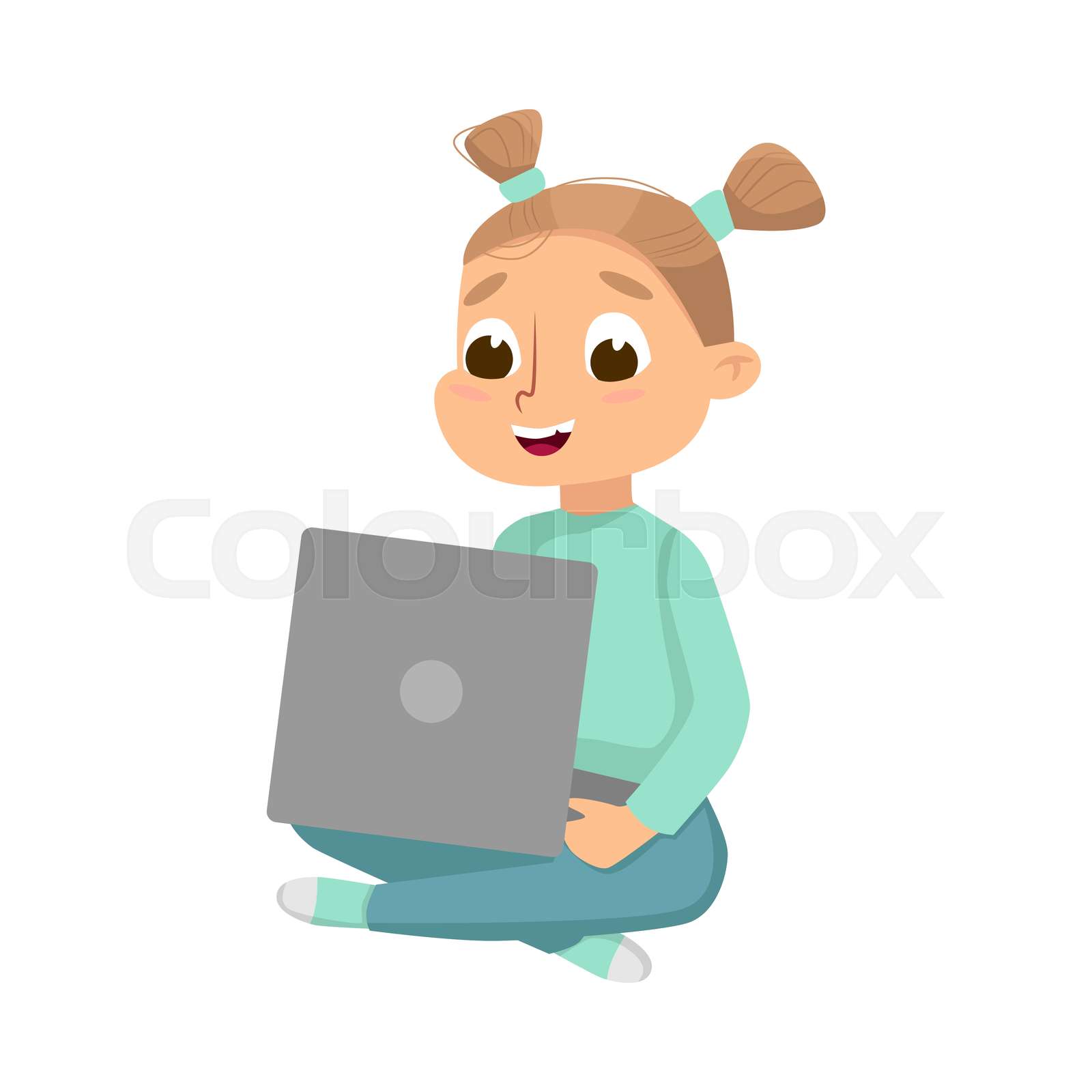 Lovely Little Girl Sitting on Floor with Crossed Legs Using Laptop ...