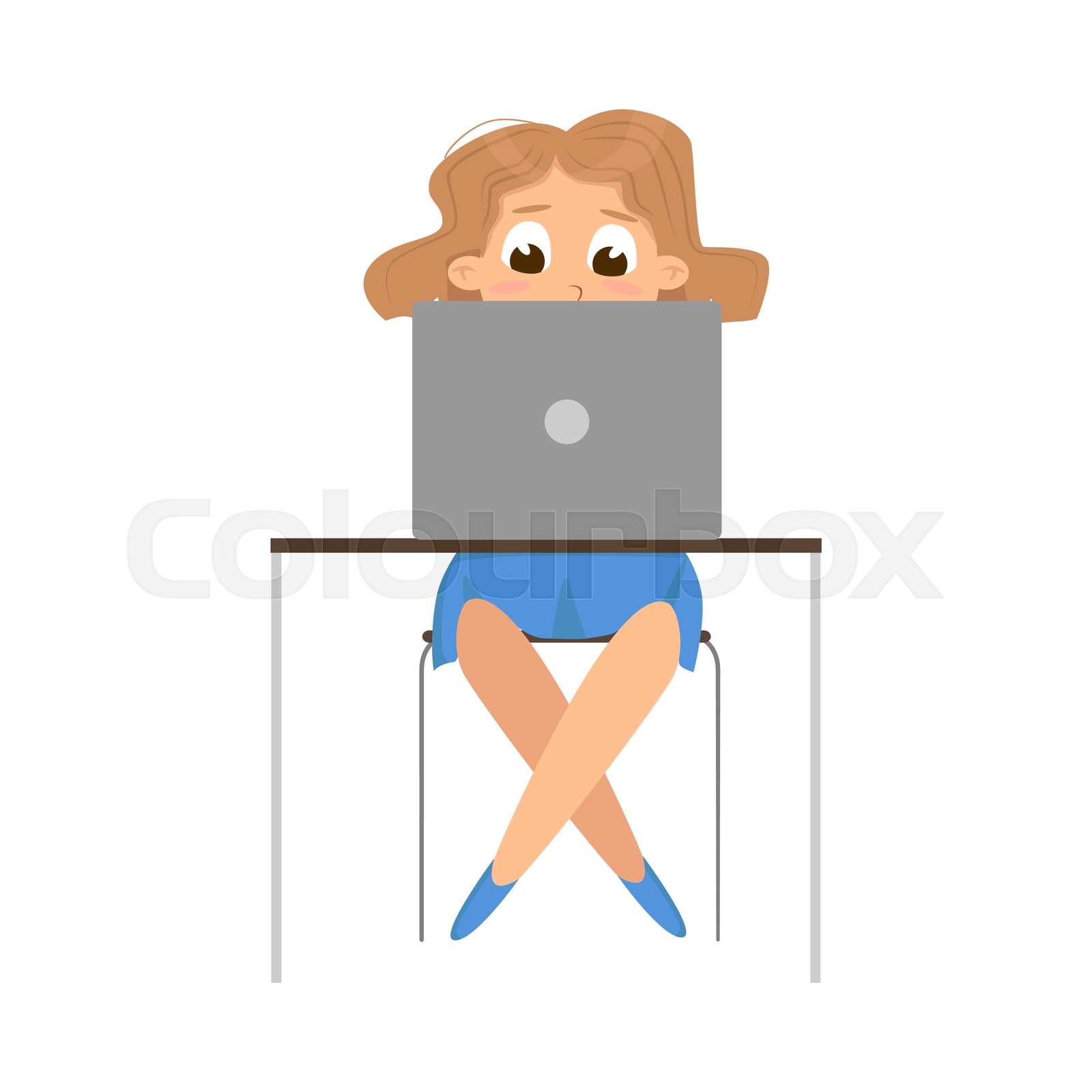 Cute Girl Using Laptop Computer at Desk, Front View, Online Education ...