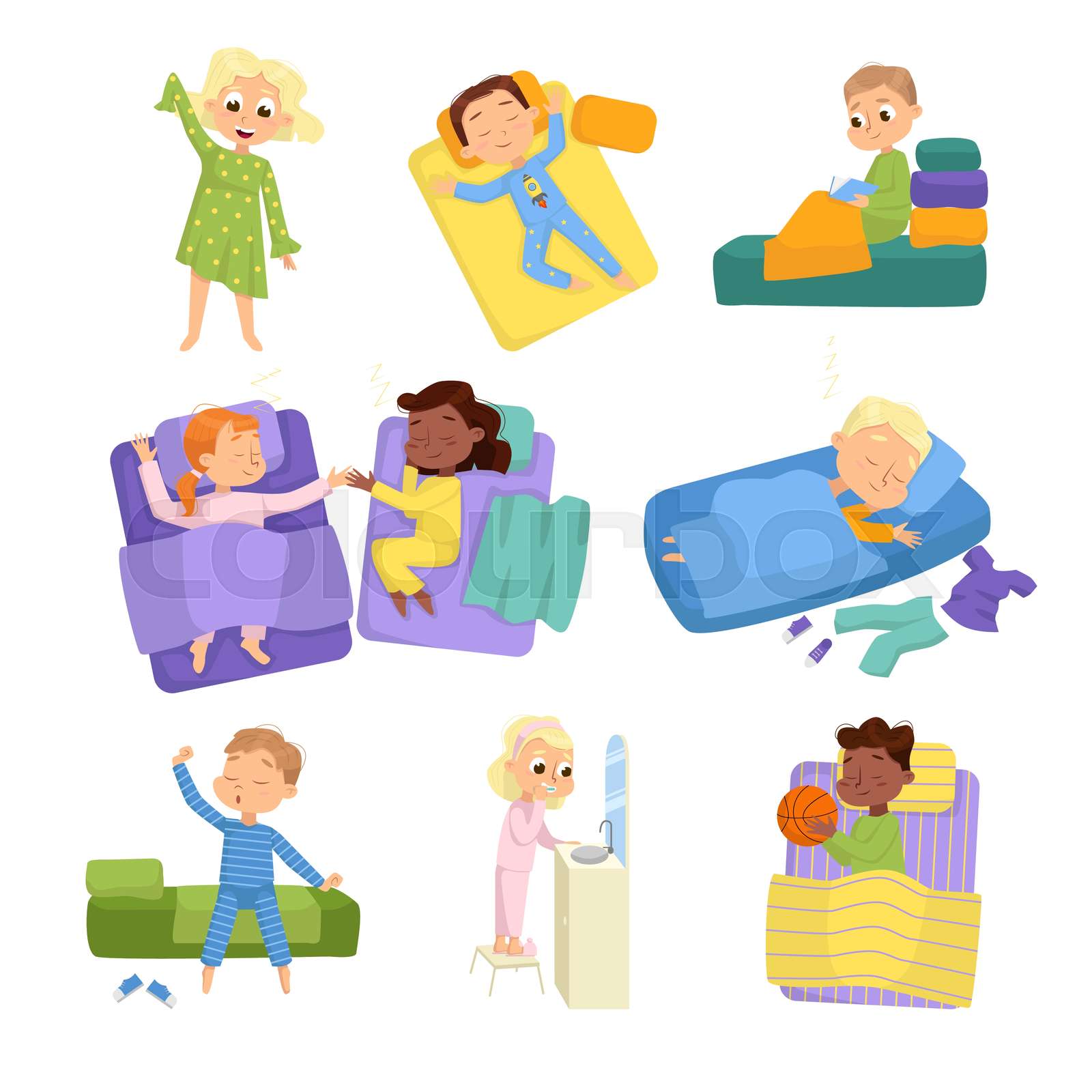 Cute Little Children Sleeping Sweetly in their Beds Set, Bedtime, Sweet ...