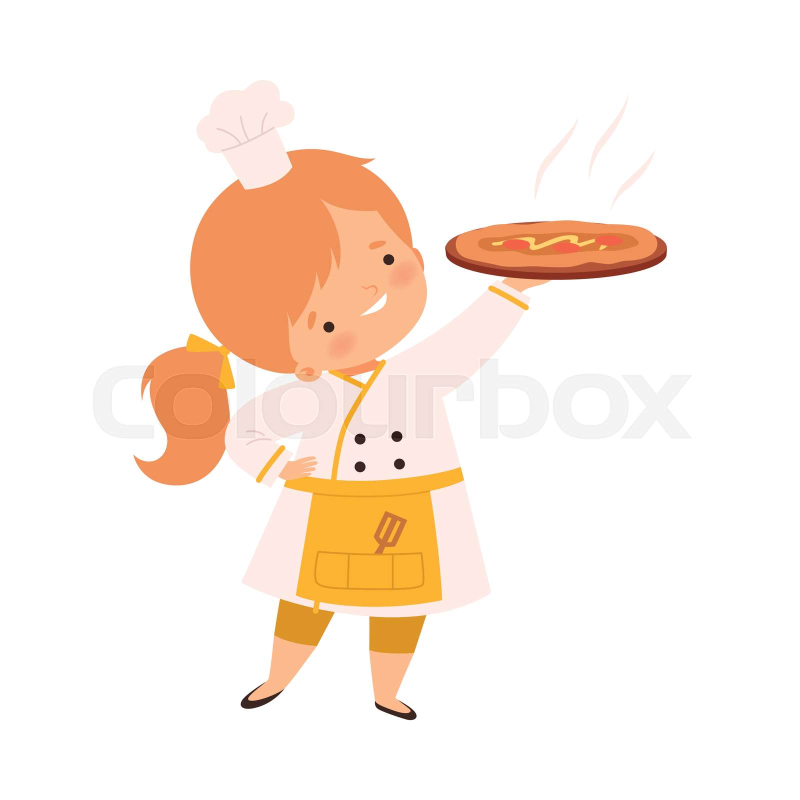 Cute Girl holding Freshly Prepared Pizza, Cute Little Chef Character in ...