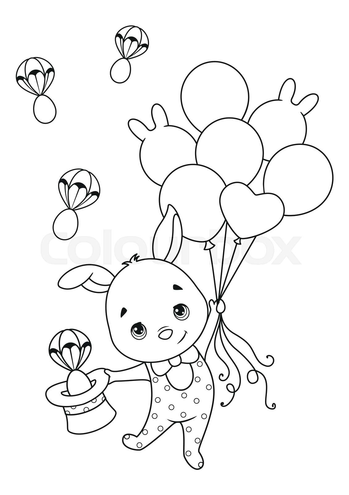 Easter bunny flies on balloons coloring page | Stock vector | Colourbox