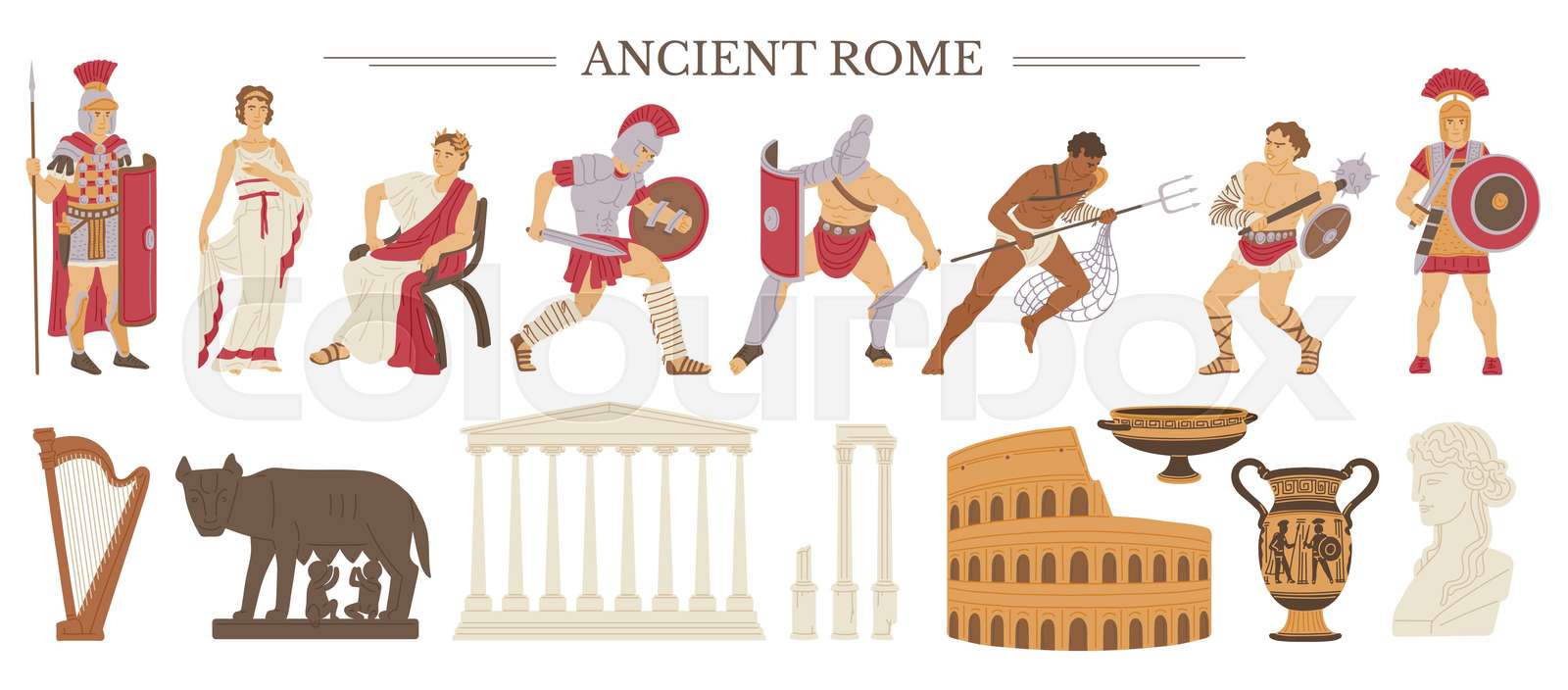 Set of symbols of ancient Rome history flat vector illustration ...