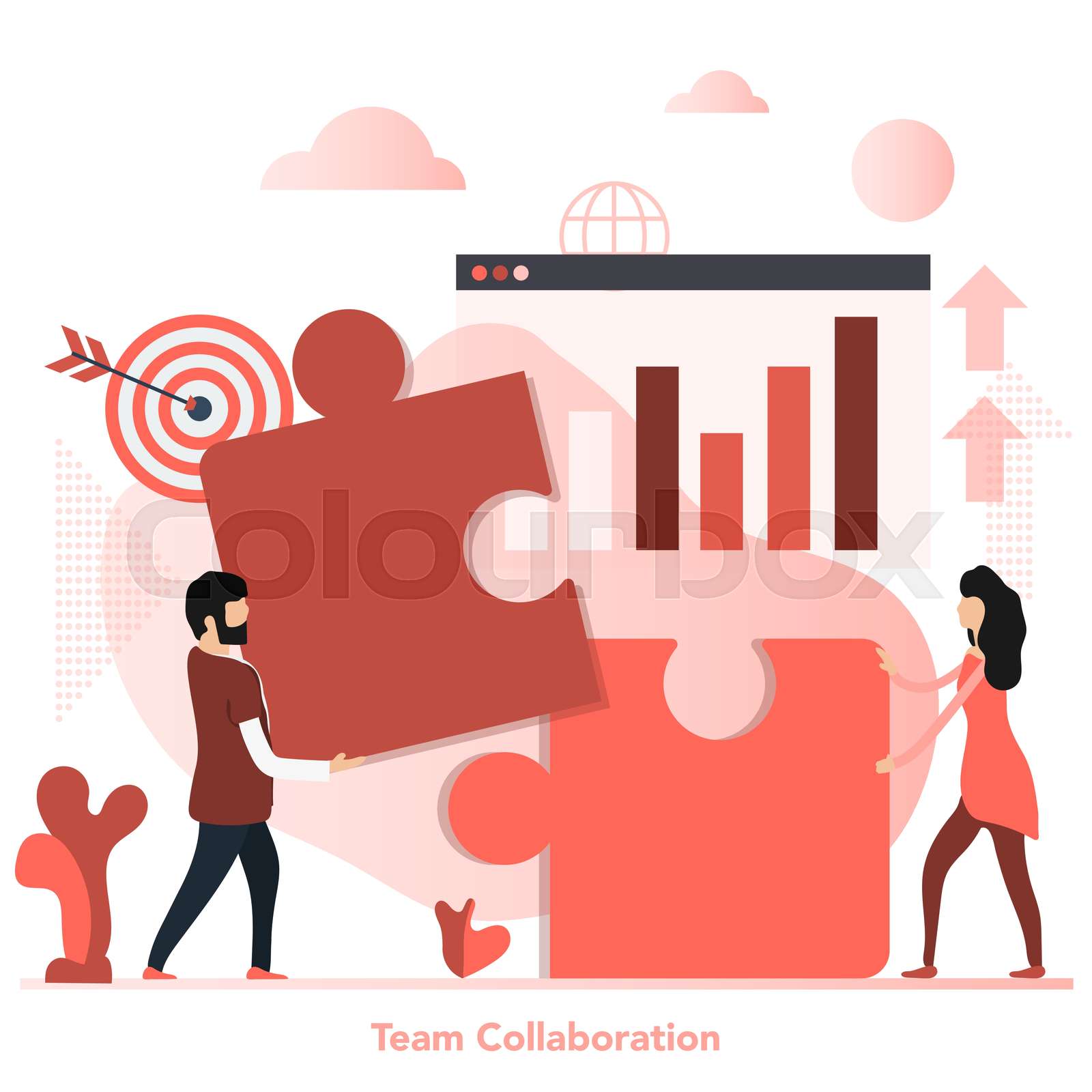Vector red square concept of team collaboration in flat style | Stock ...
