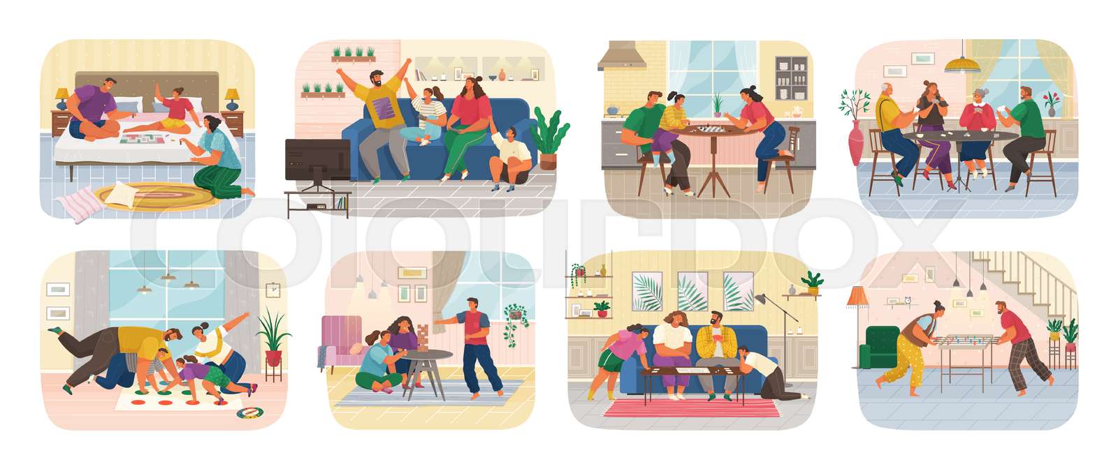 Collection of funny smiling people sitting at table and playing board ...