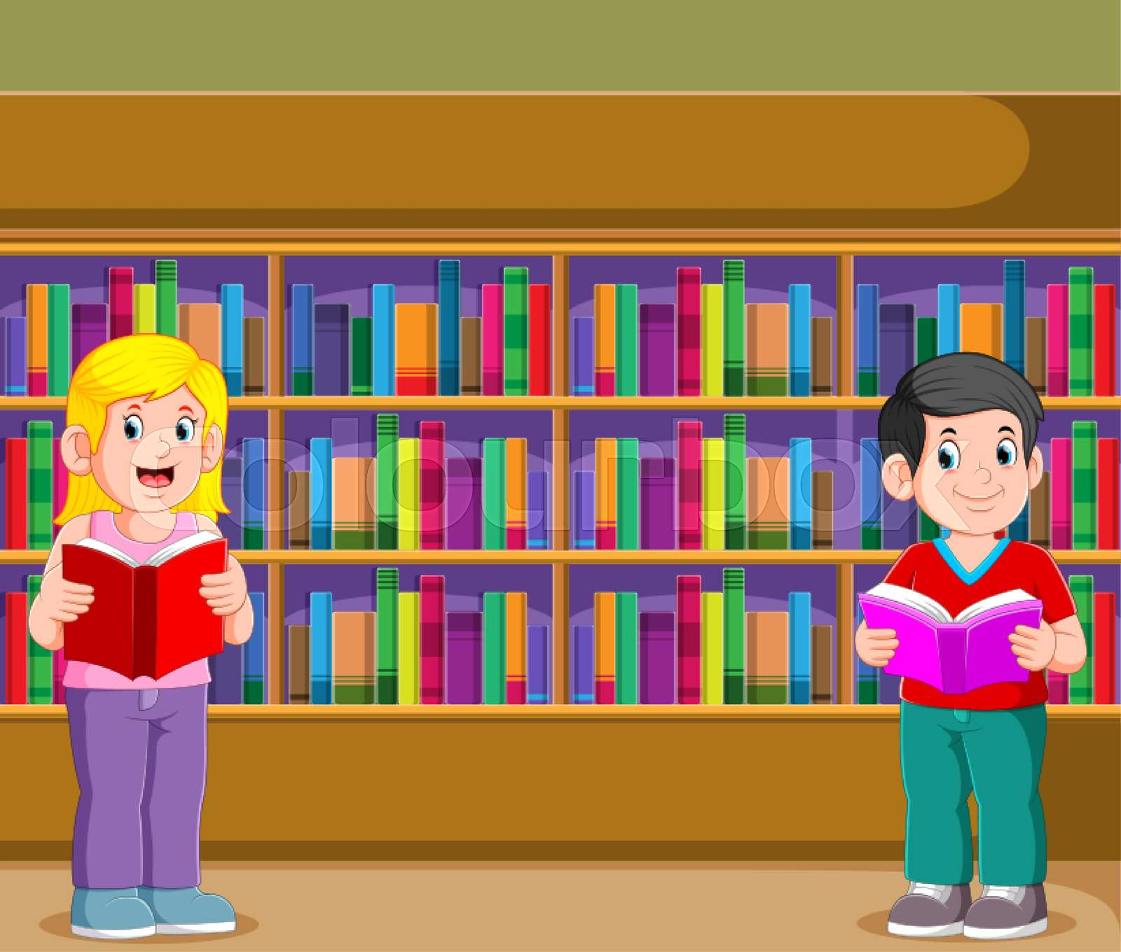 The boy and the girl holding and reading the book in the library ...