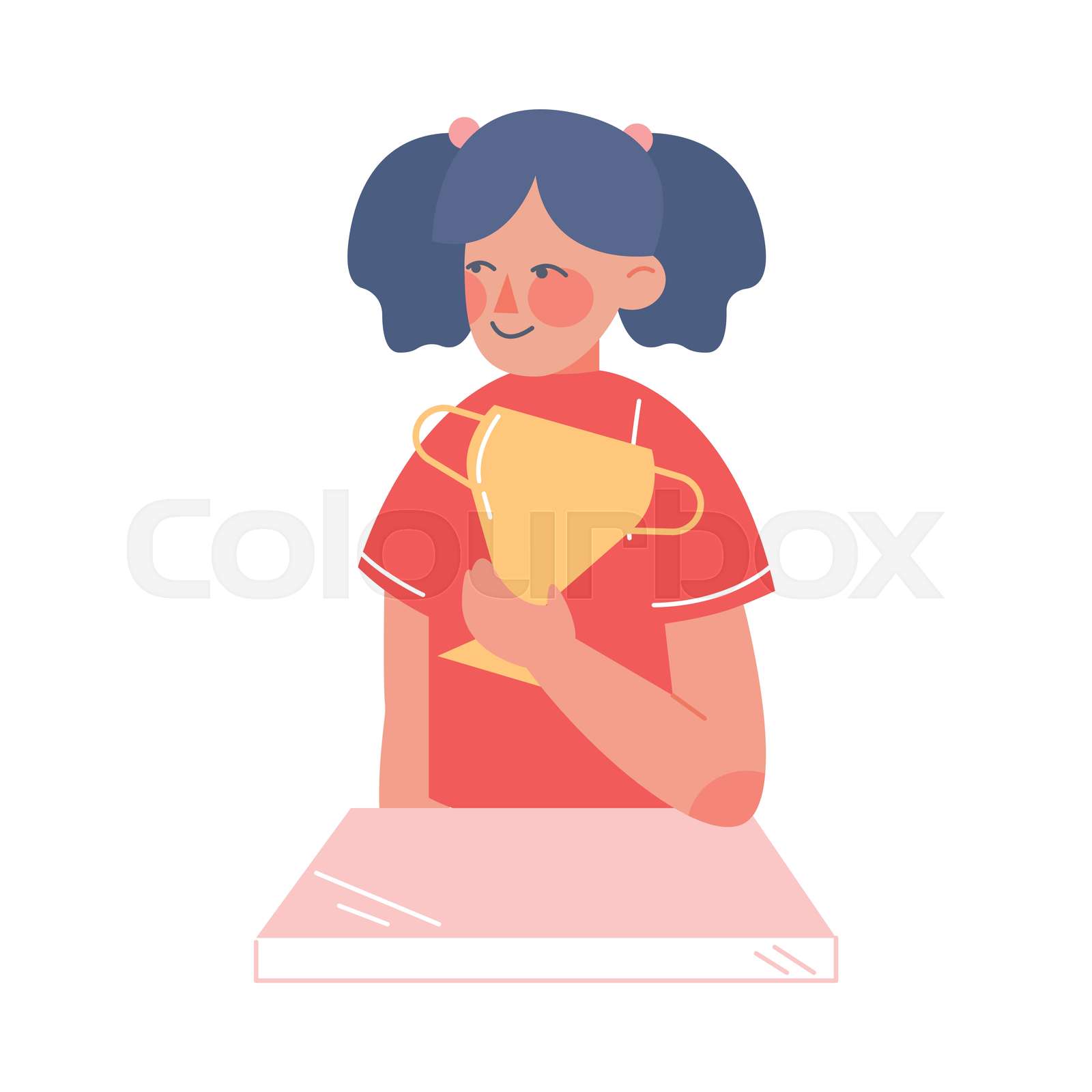 Girl Celebrating Her Victory with Gold Trophy Cup Cartoon Style Vector ...