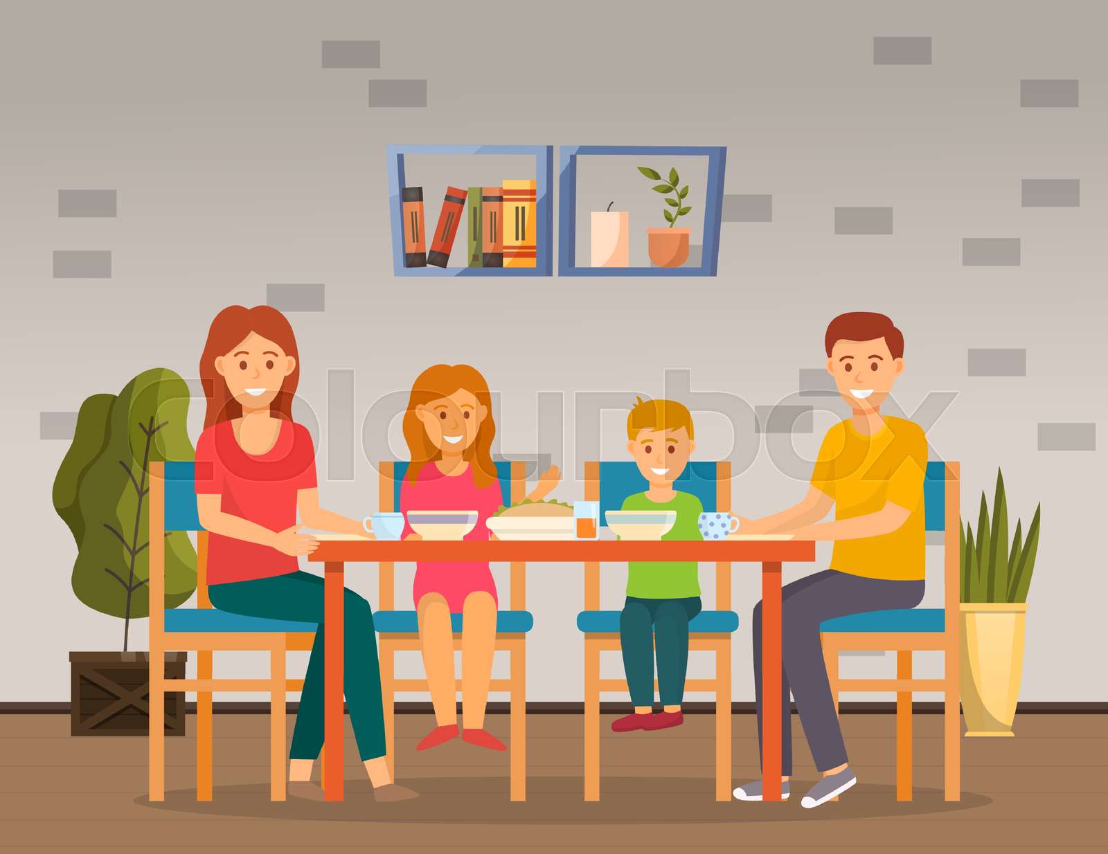 Family meal time. Dad, mom and kids at the table in modern dining room ...