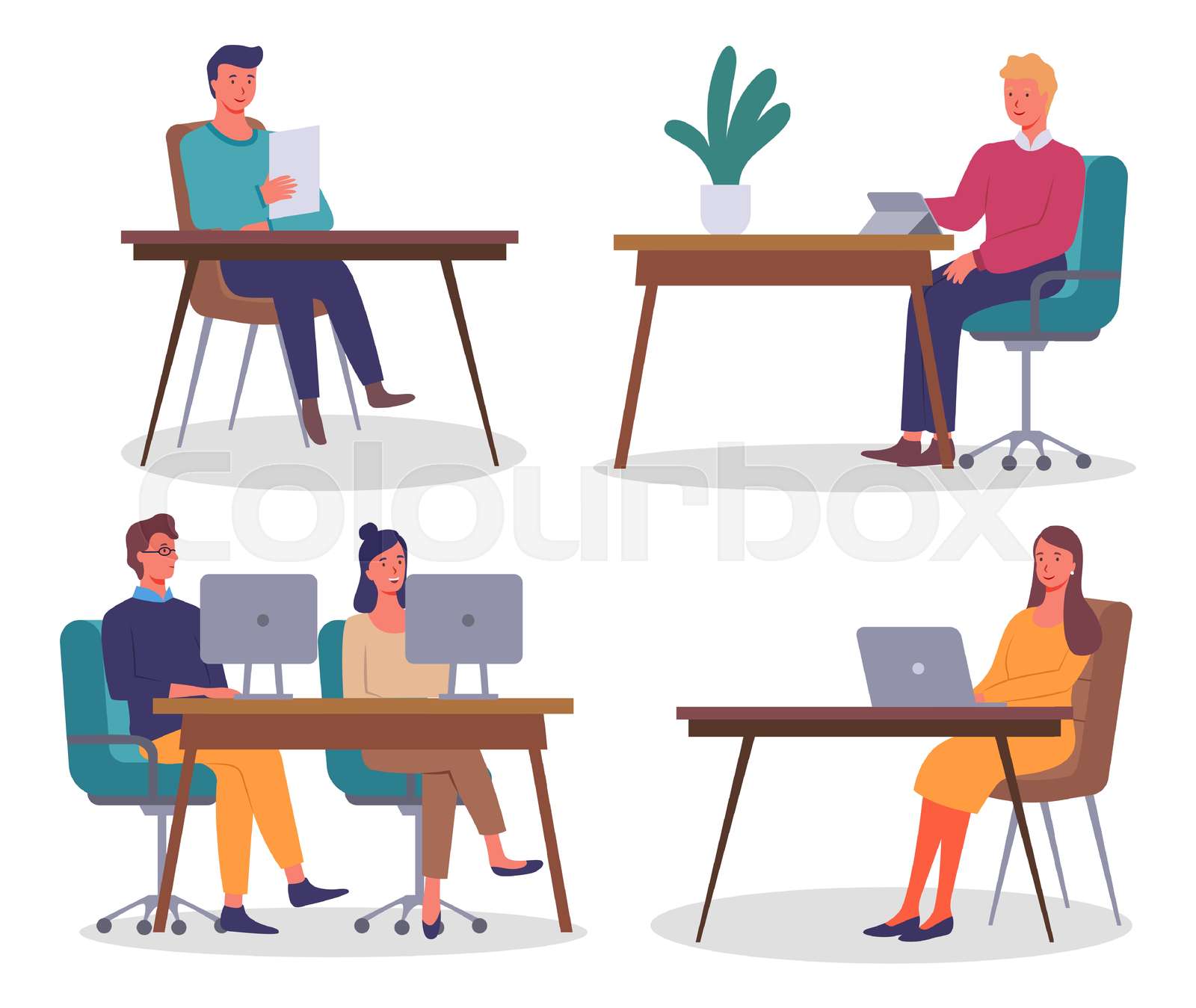 Business characters working in office workplace flat design. Co working ...