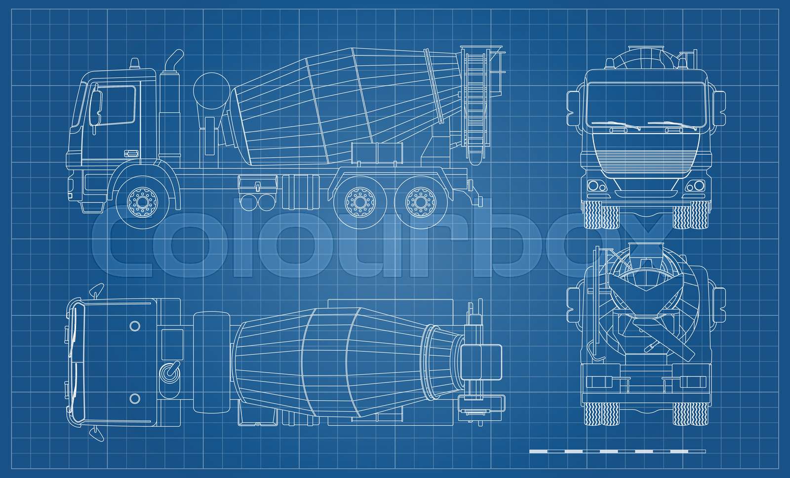 Outline concrete mixer truck. Side, top, front and back views. Lorry ...