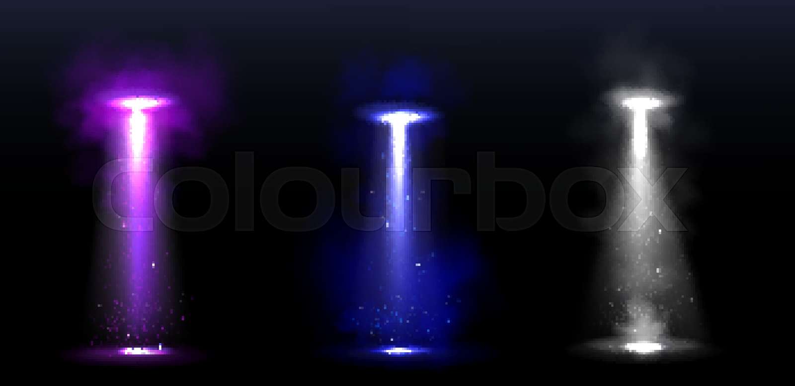 Ufo light beams, glowing rays from alien spaceship - Stock Image ...