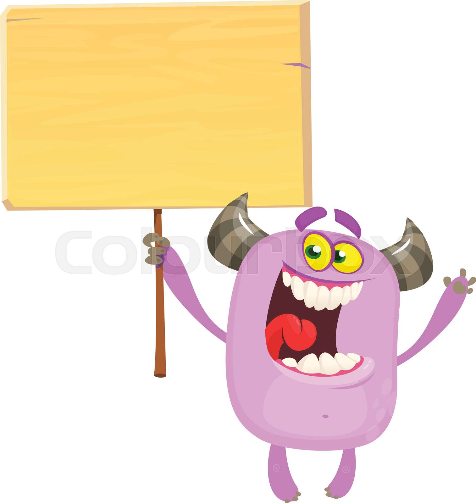 Cartoon monster holding wooden sign. Vector illustration. Isolated ...