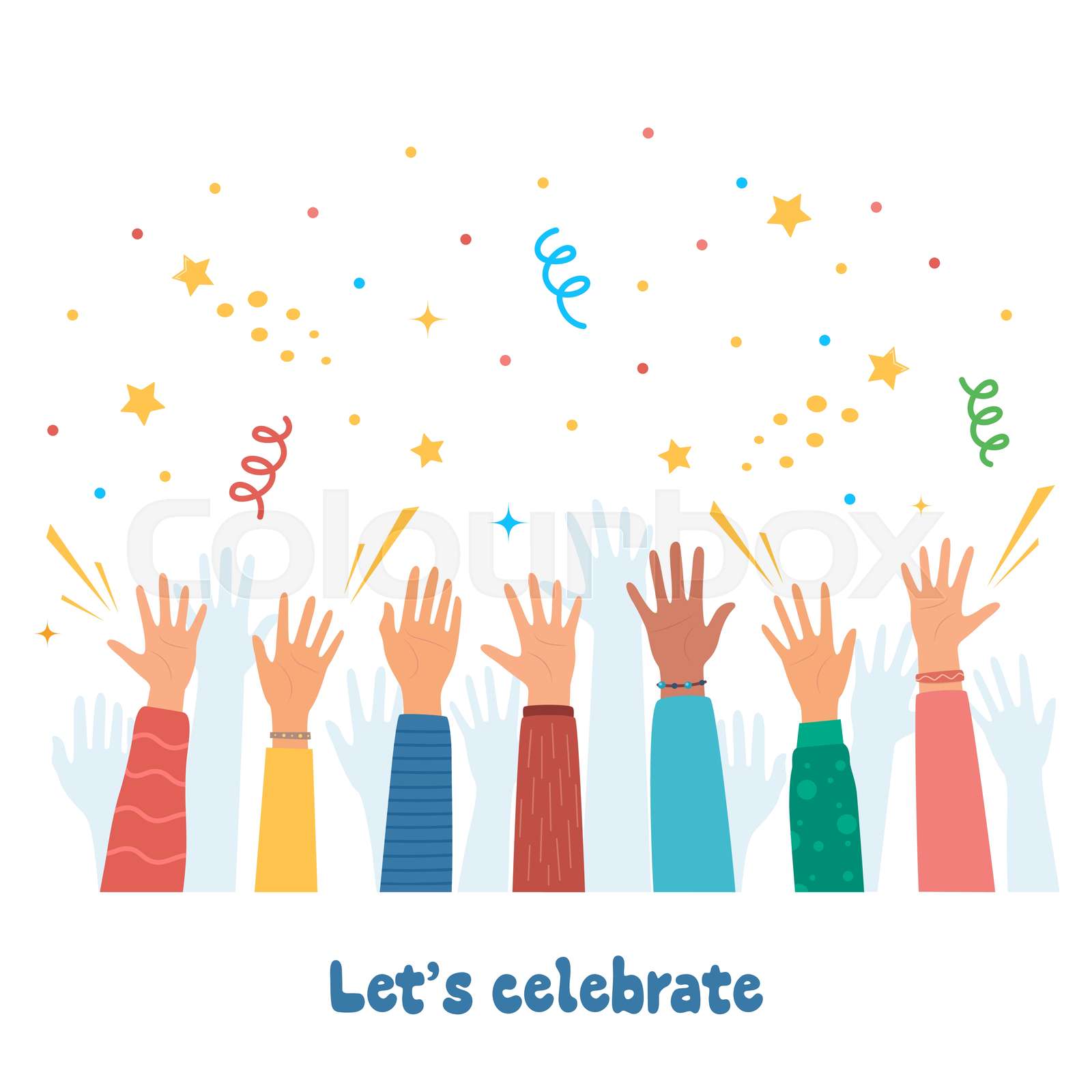 Raised hands of happy people celebrating. Crowd of people at party ...