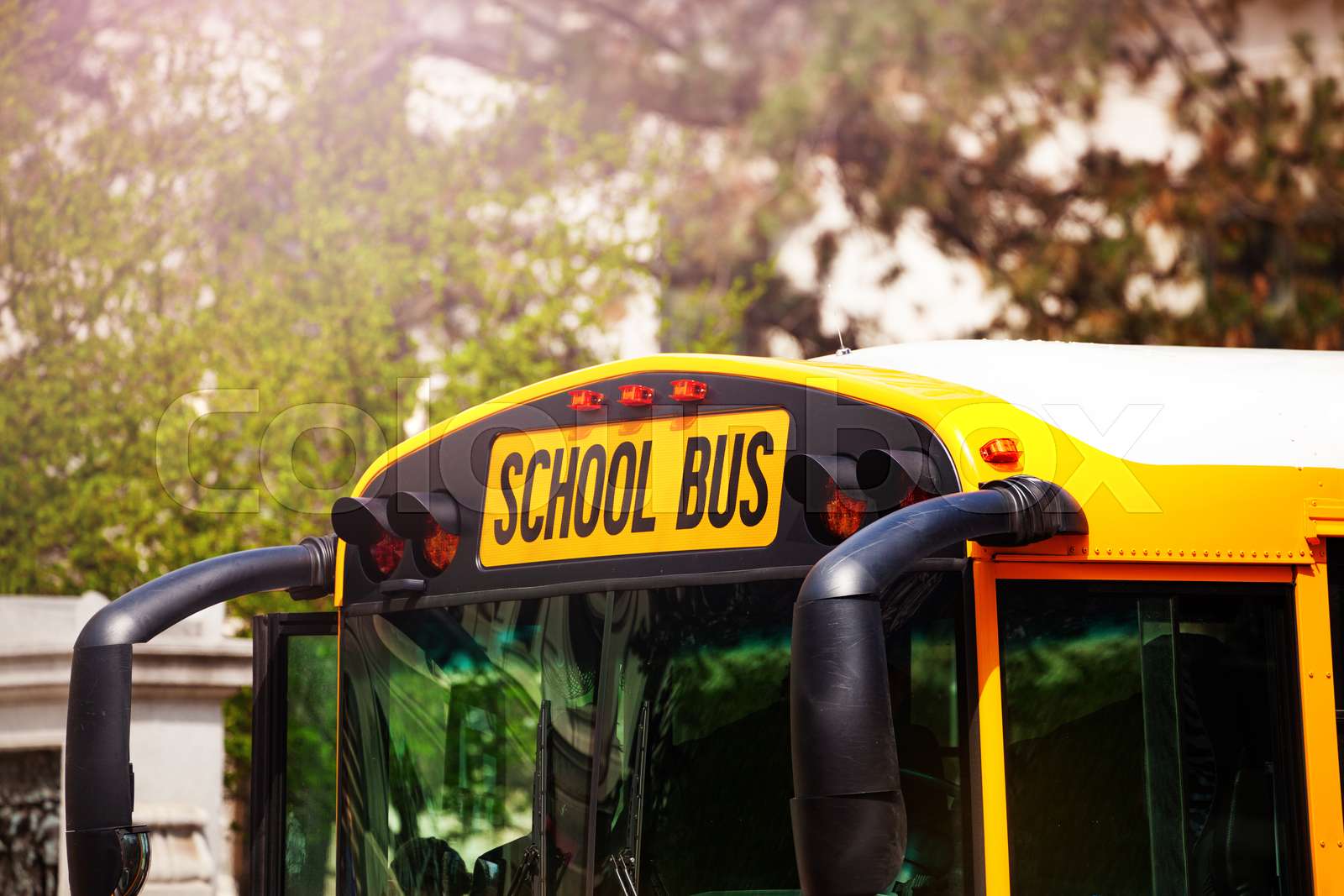 Close-up of yellow school bus windshield and sign | Stock image | Colourbox
