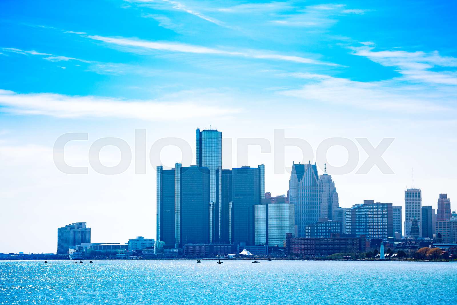 Downtown Detroit view over river from Sunset point | Stock image ...