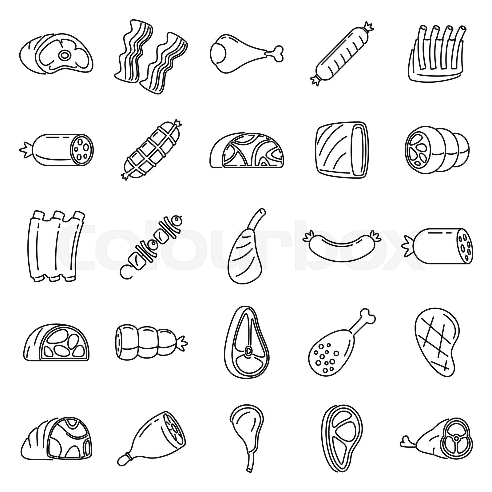Raw meat icons set, outline style | Stock vector | Colourbox