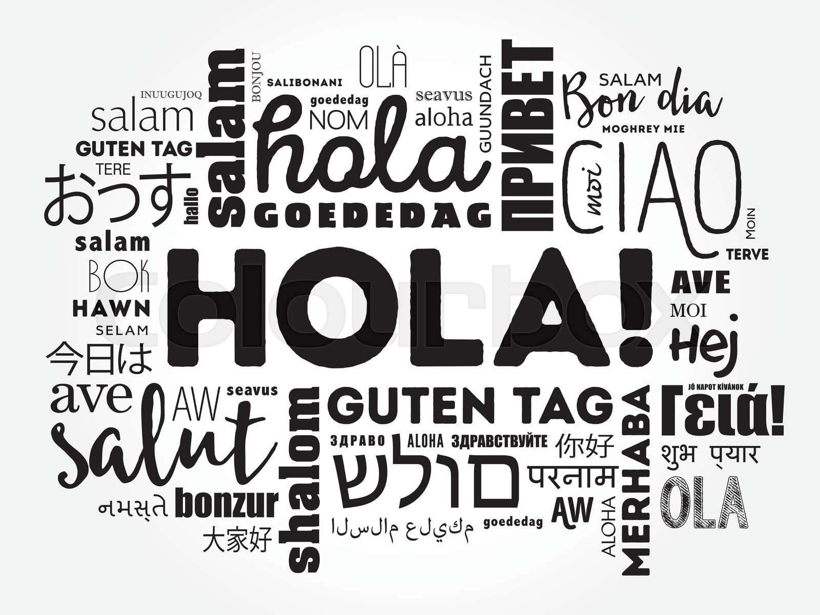 Hola! (Hello Greeting in Spanish) word cloud in different languages ...