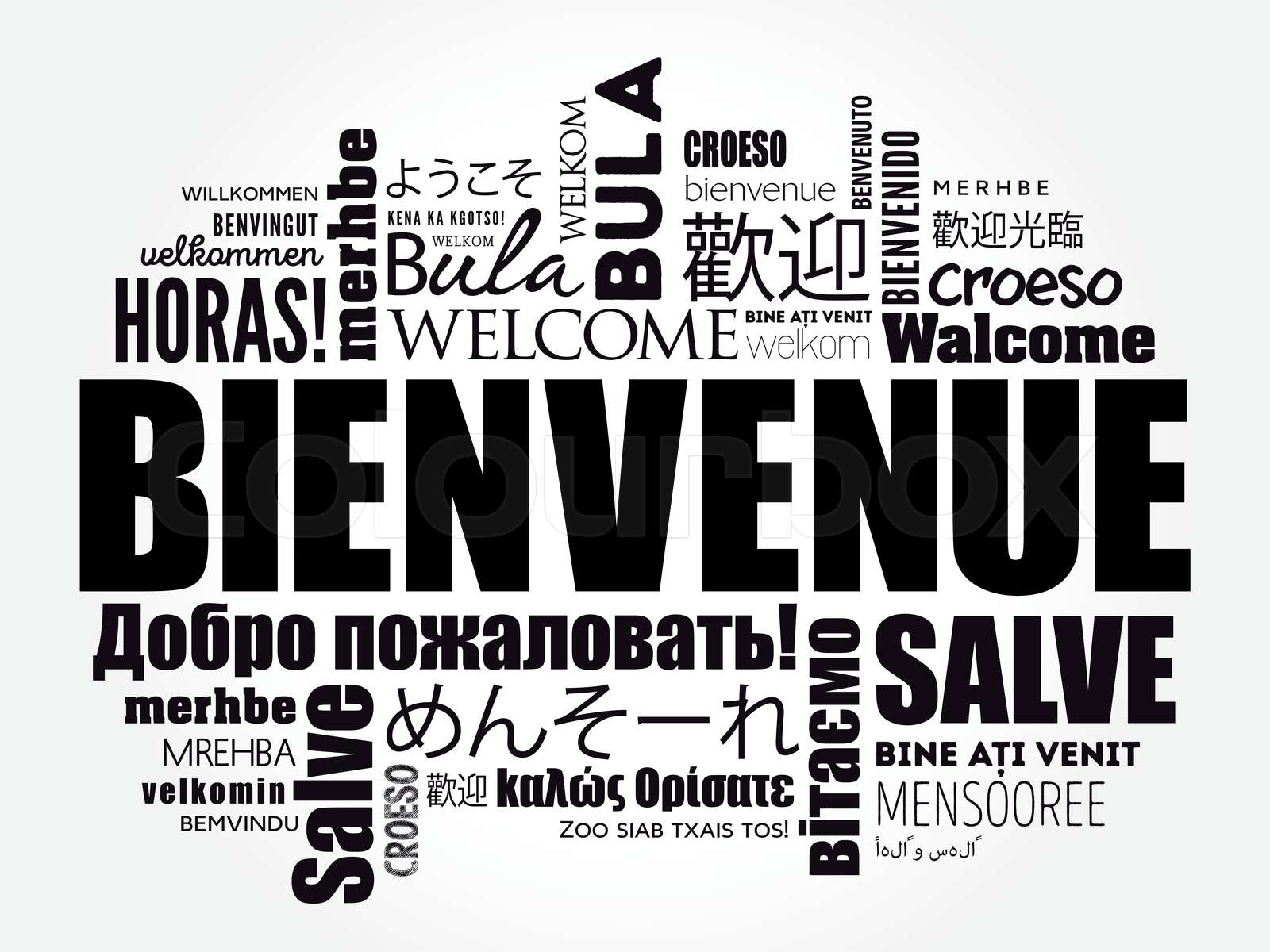 Bienvenue (Welcome in French) word cloud in different languages | Stock ...