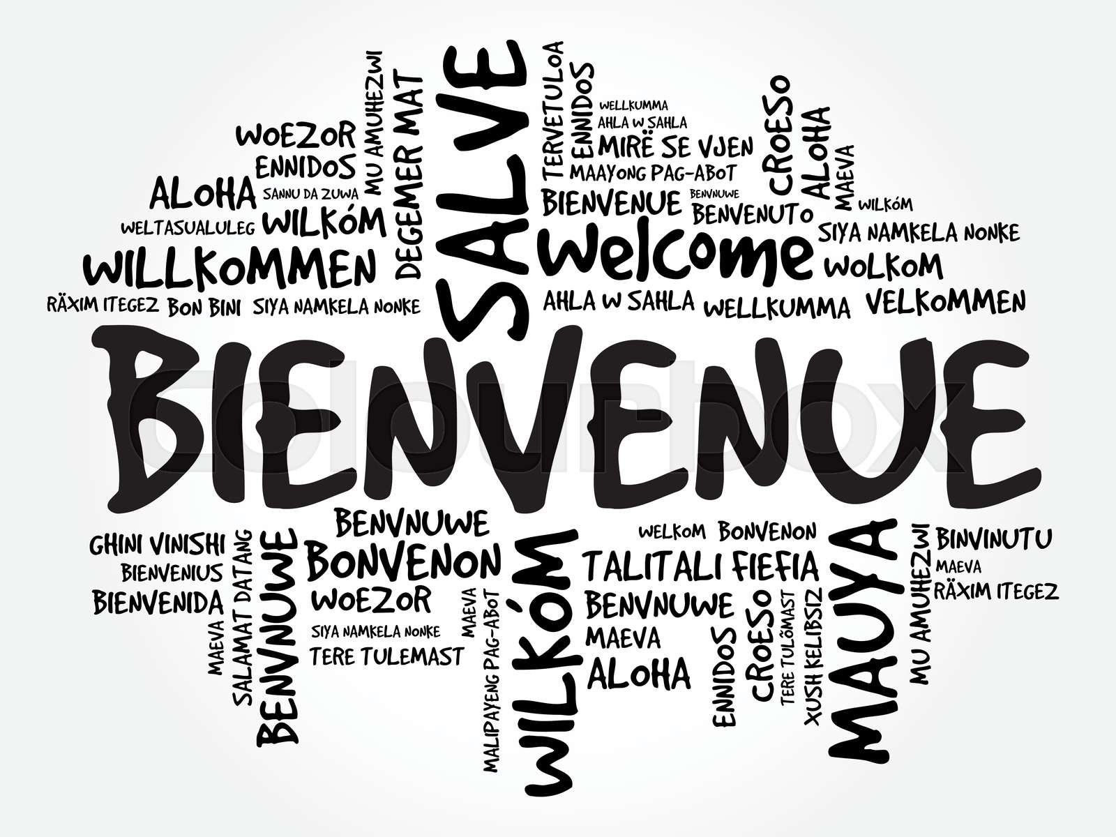 Bienvenue (Welcome in French) word cloud in different languages | Stock ...