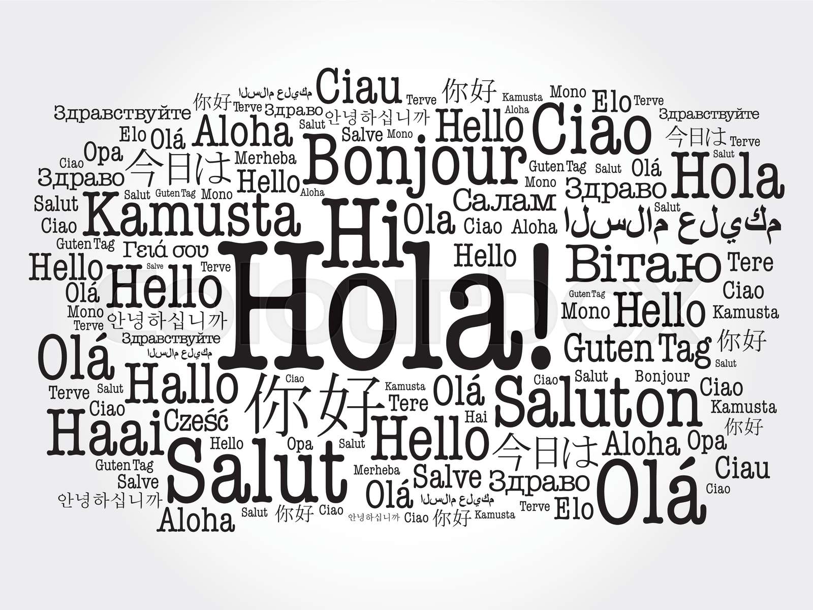 Hola (Hello Greeting in Spanish) word cloud in different languages ...