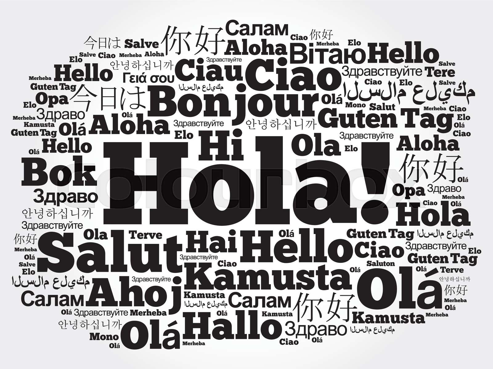 Hola (Hello Greeting in Spanish) word cloud in different languages ...