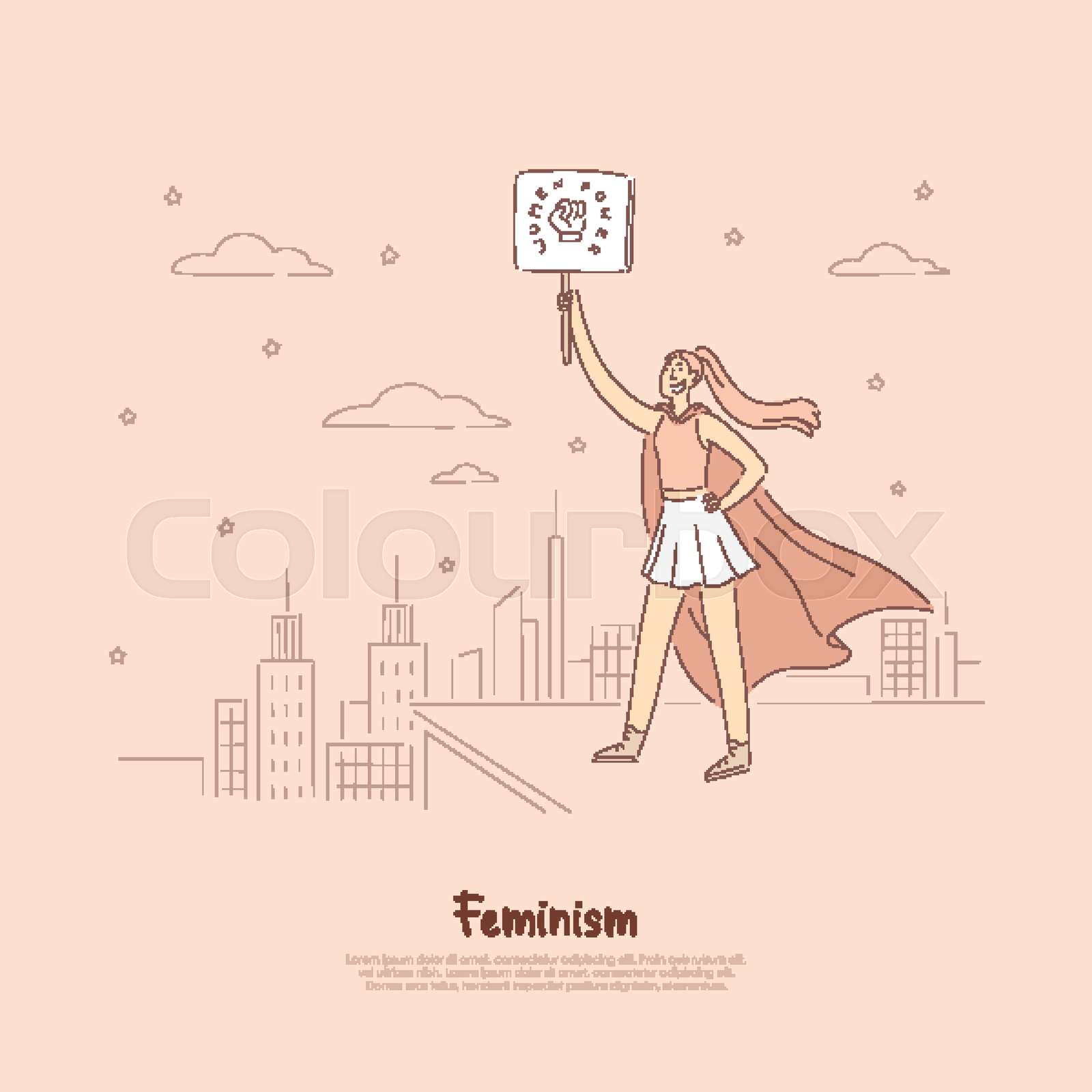 Brave hero, lady superhero in cape holding placard with fist, social ...