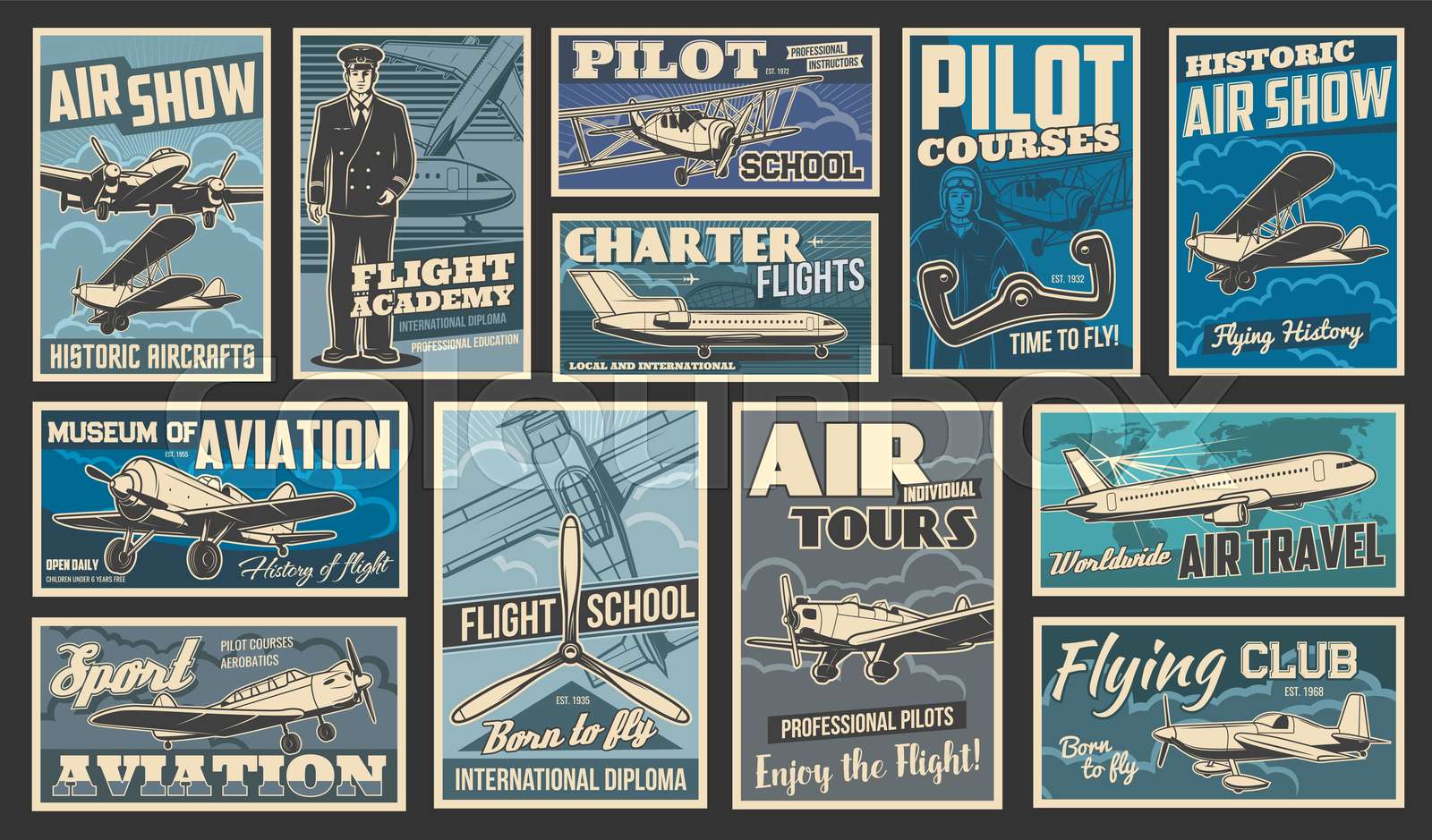 Plane fly, aircraft flight aviation retro posters | Stock vector ...