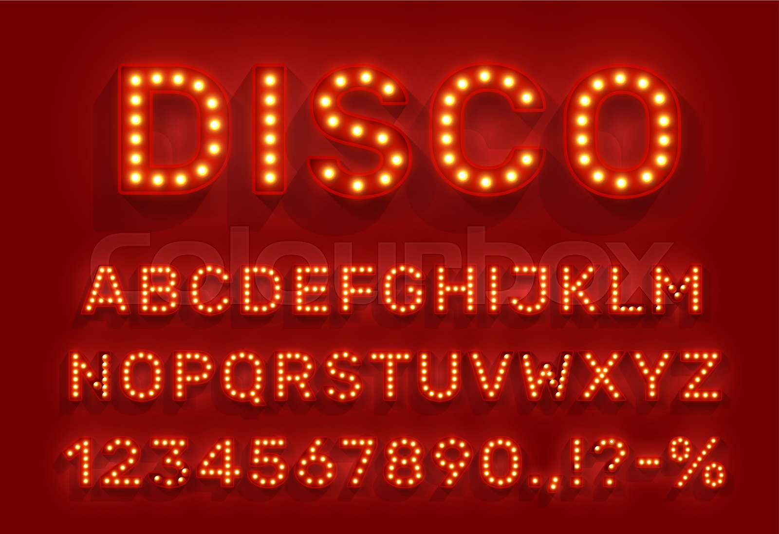 Disco type font glowing light bulbs vector abc | Stock vector | Colourbox