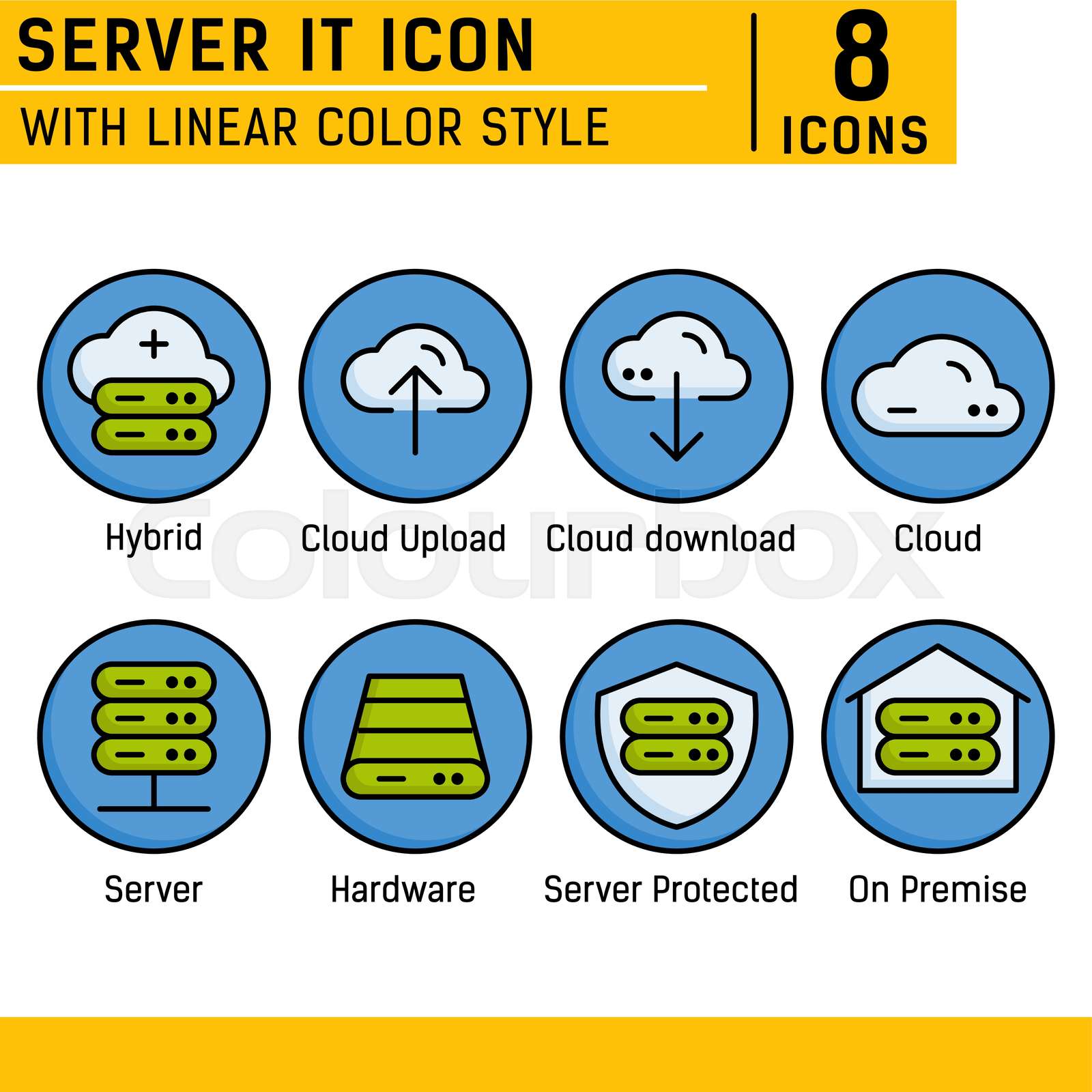 Server IT and technology icon set. Vector icon with lineal color style ...