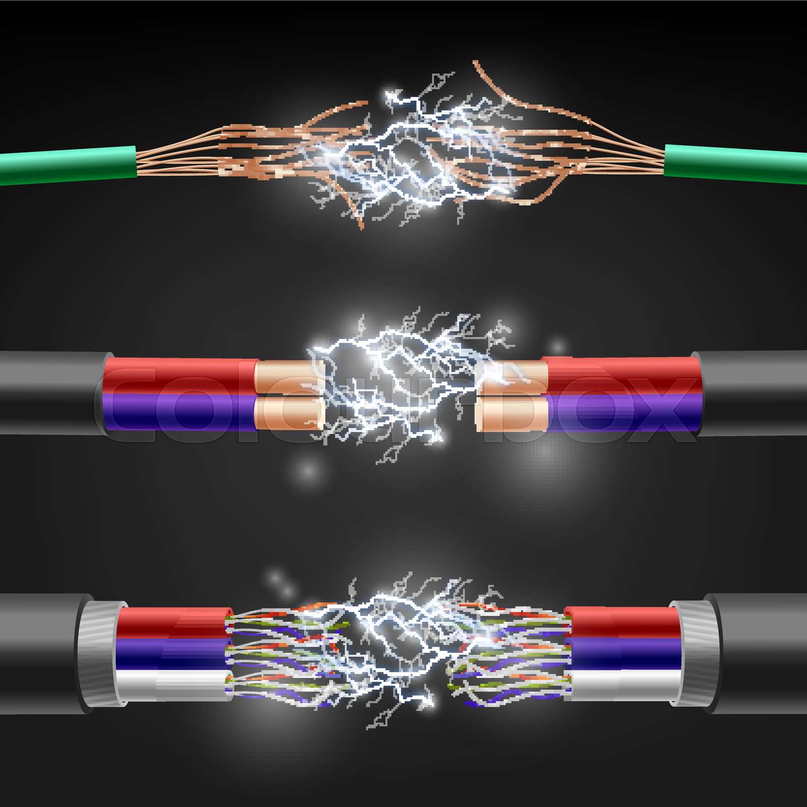 Electric cables with electrical sparks a realistic vector illustrations ...