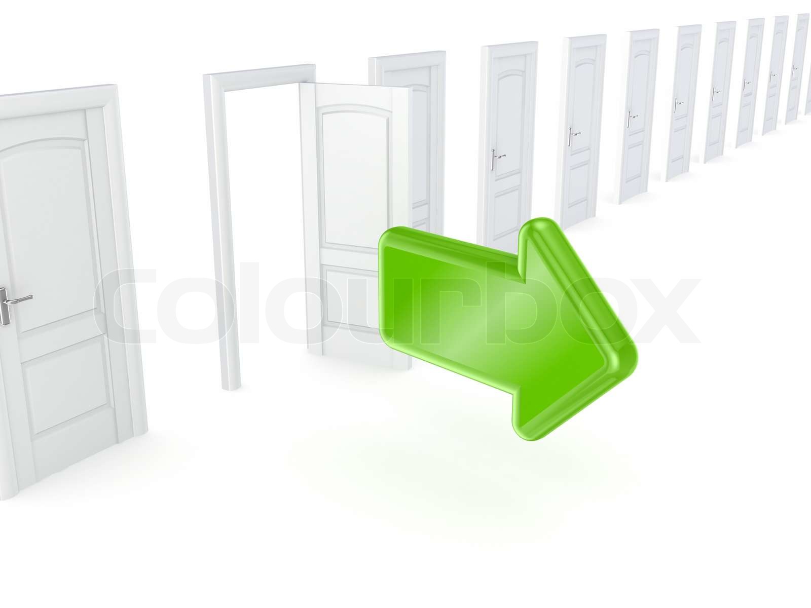Green arrow pointing to the open door | Stock image | Colourbox