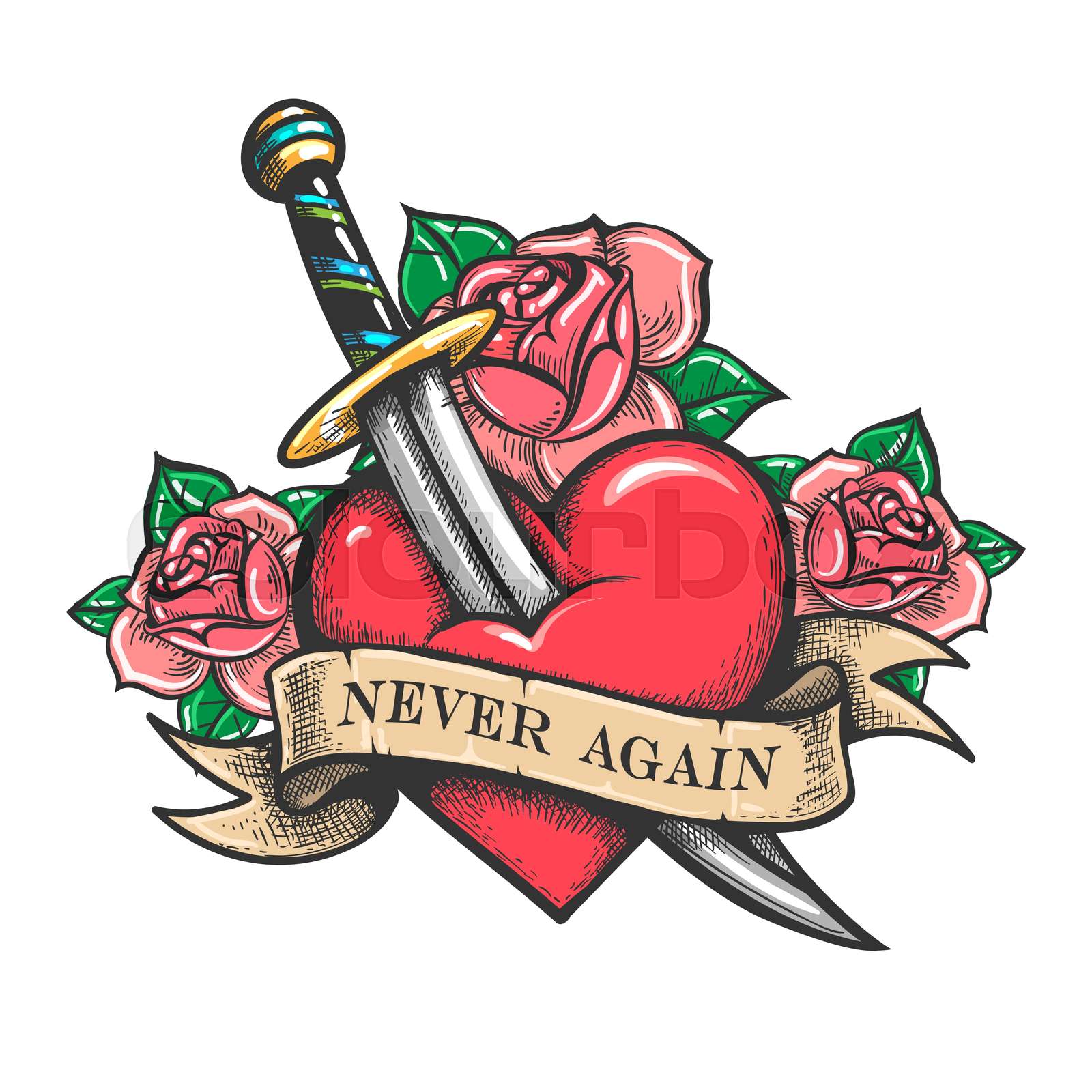 Heart Pierced by Dagger with Wording Never Again Tattoo | Stock vector ...