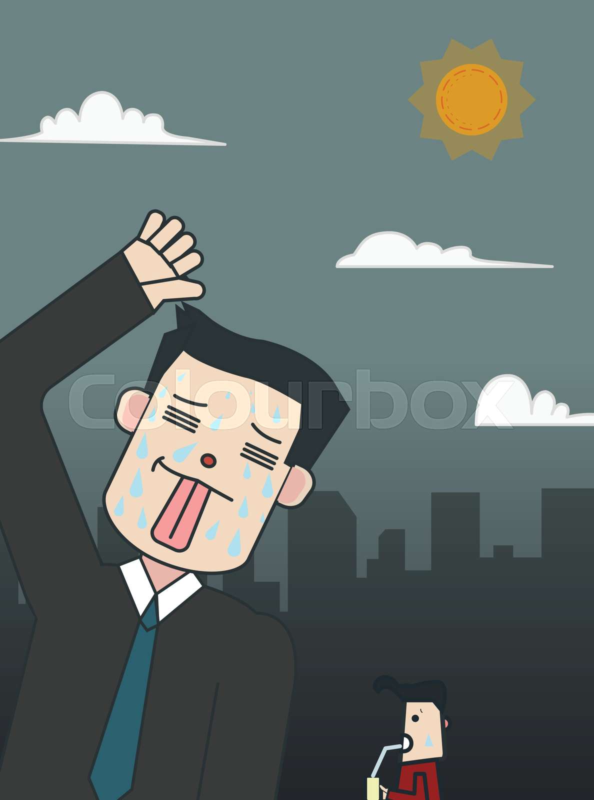 Business man cartoon in town with hot weather.Hot weather with city ...