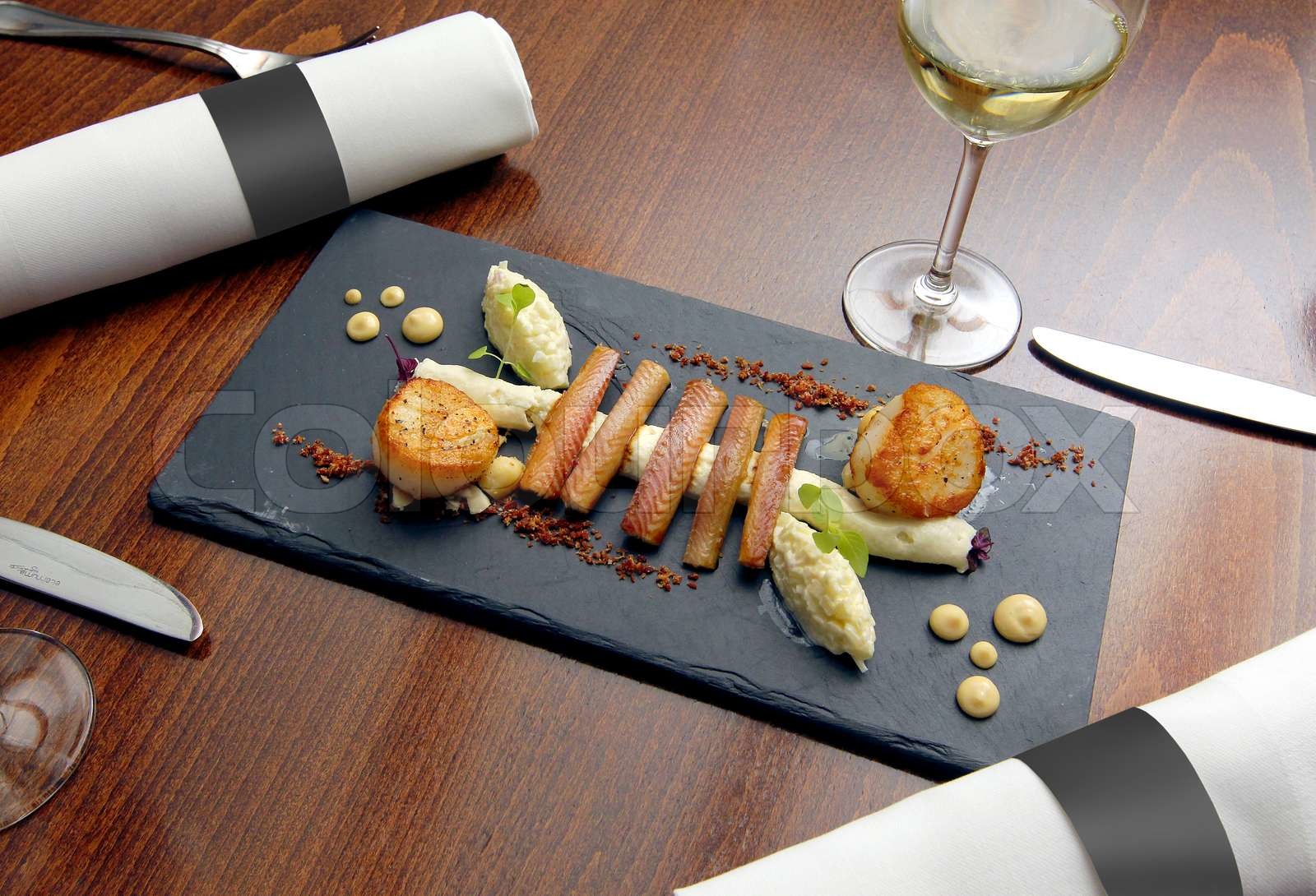 slate tile with delicious food | Stock image | Colourbox