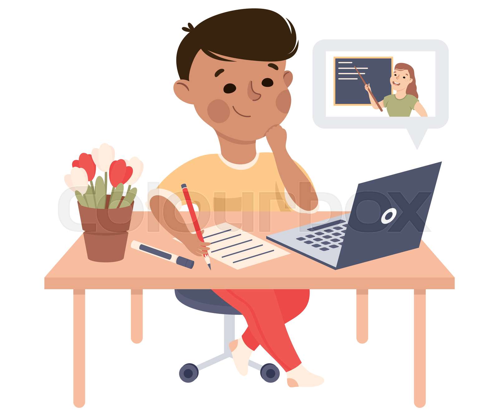 Boy Studying from home via Teleconference Using Computer, Homeschooling ...