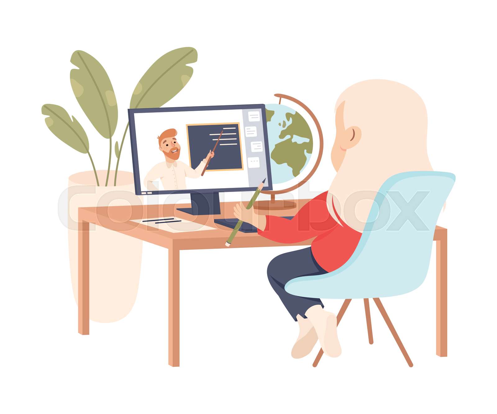 Elementary School Student Girl Sitting at her Desk, Kid Studying Online ...