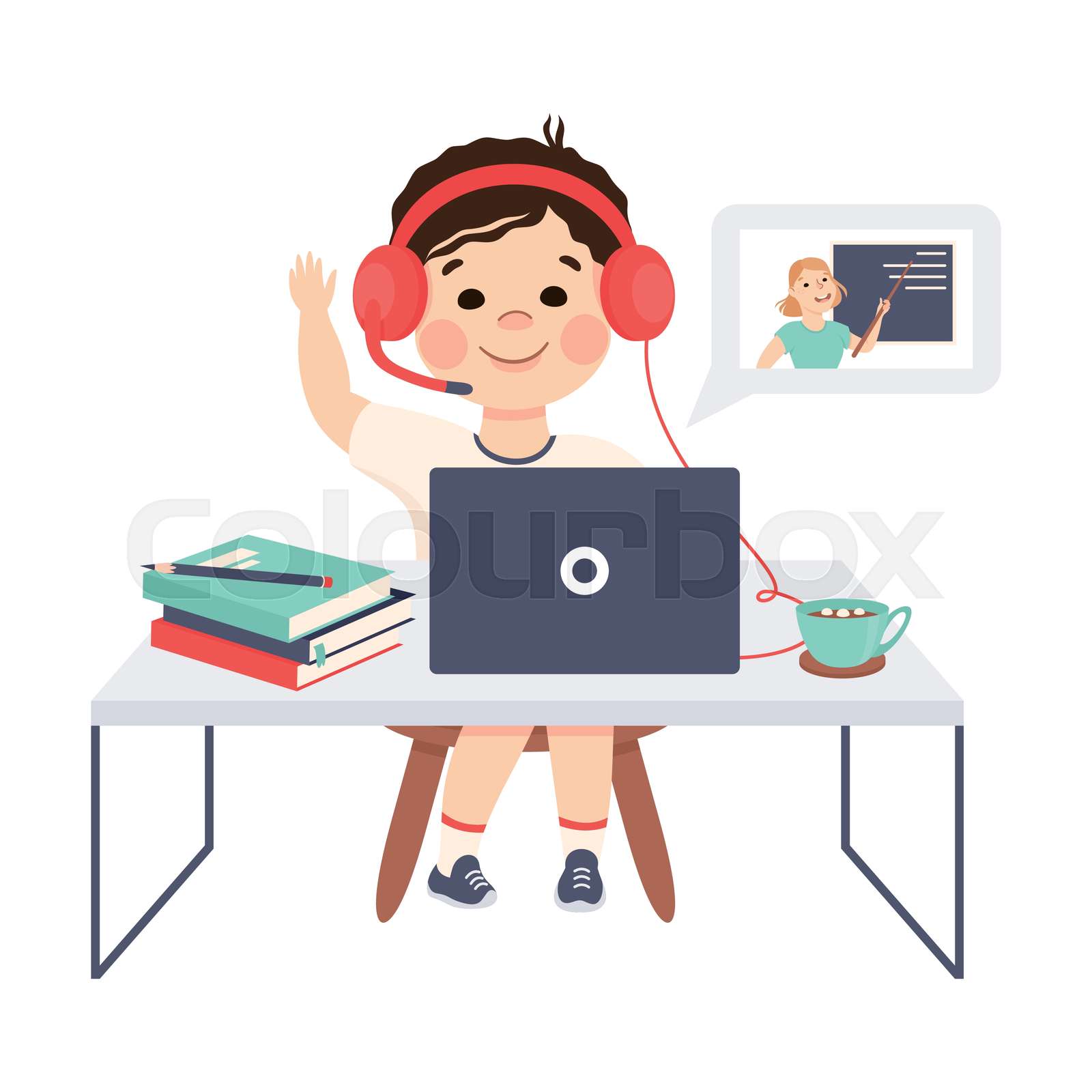 Boy in Headphones Studying Online Using Computer and Raising His Hand ...