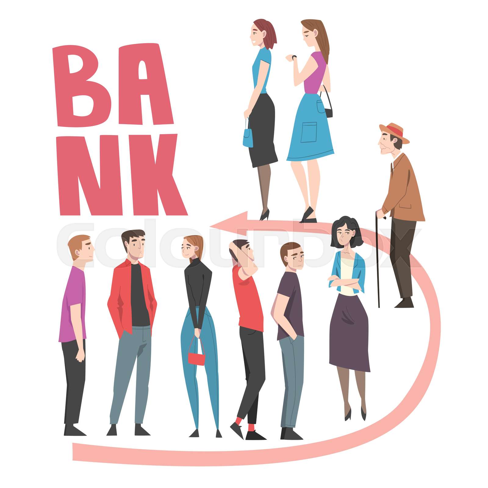Queue of People, Men and Women Waiting Standing in Line at Bank Cartoon ...