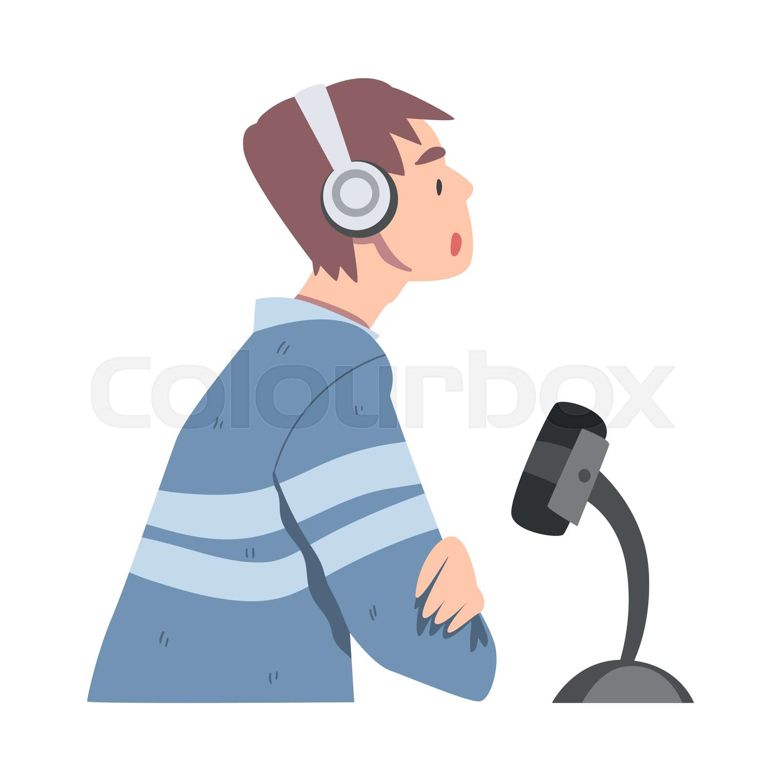 Side View of Man in Headphones Recording Audio Podcast with Microphone ...