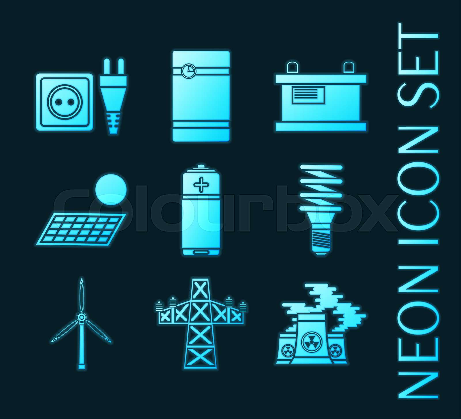 Set of Energy generating systems neon icons. | Stock vector | Colourbox